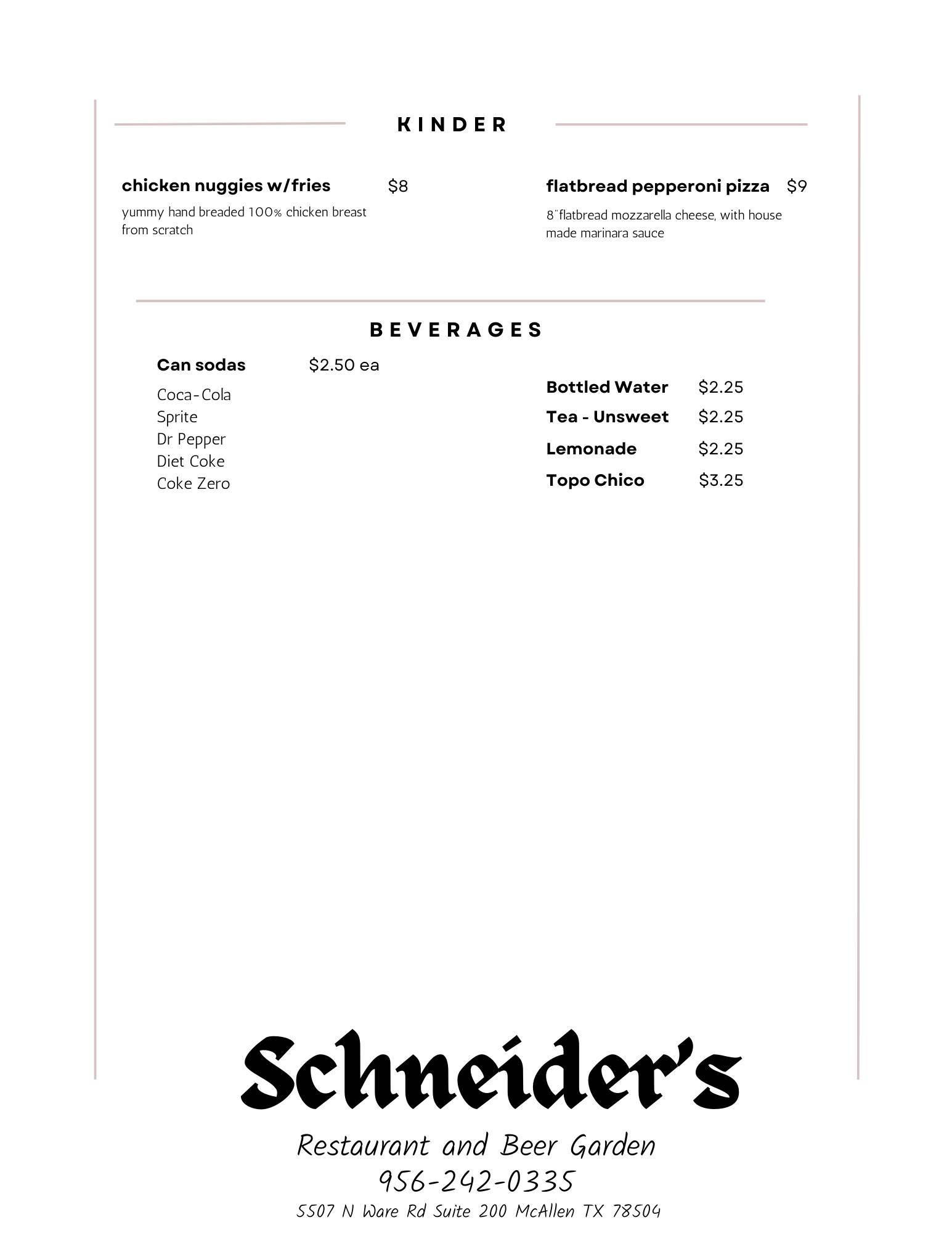 Menu at Schneider's Restaurant and Beer Garden, McAllen