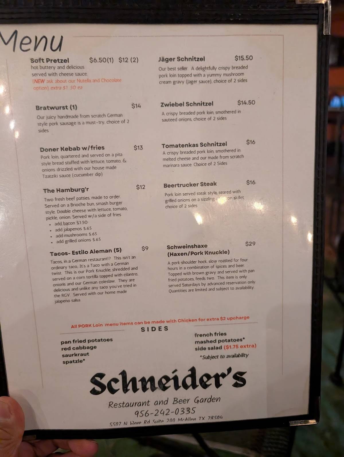 Menu at Schneider's Restaurant and Beer Garden, McAllen