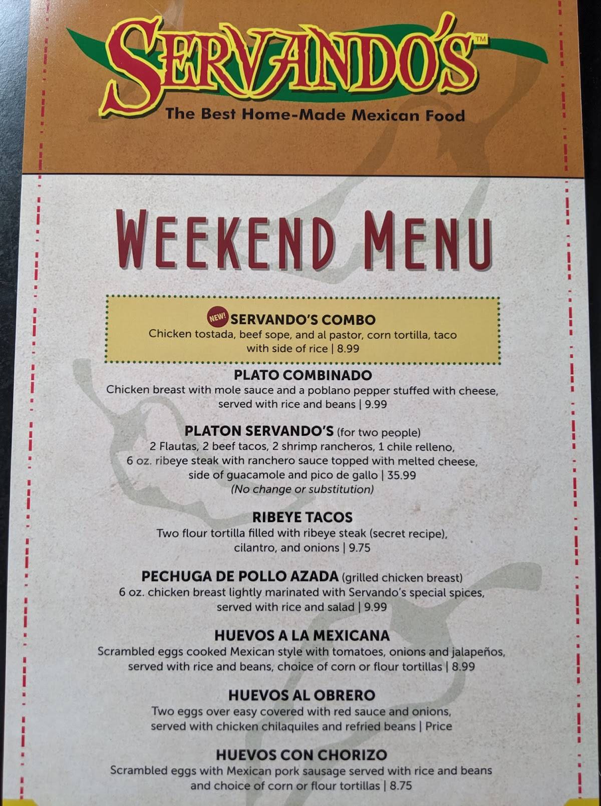 Menu at Servando's restaurant, Winter Garden