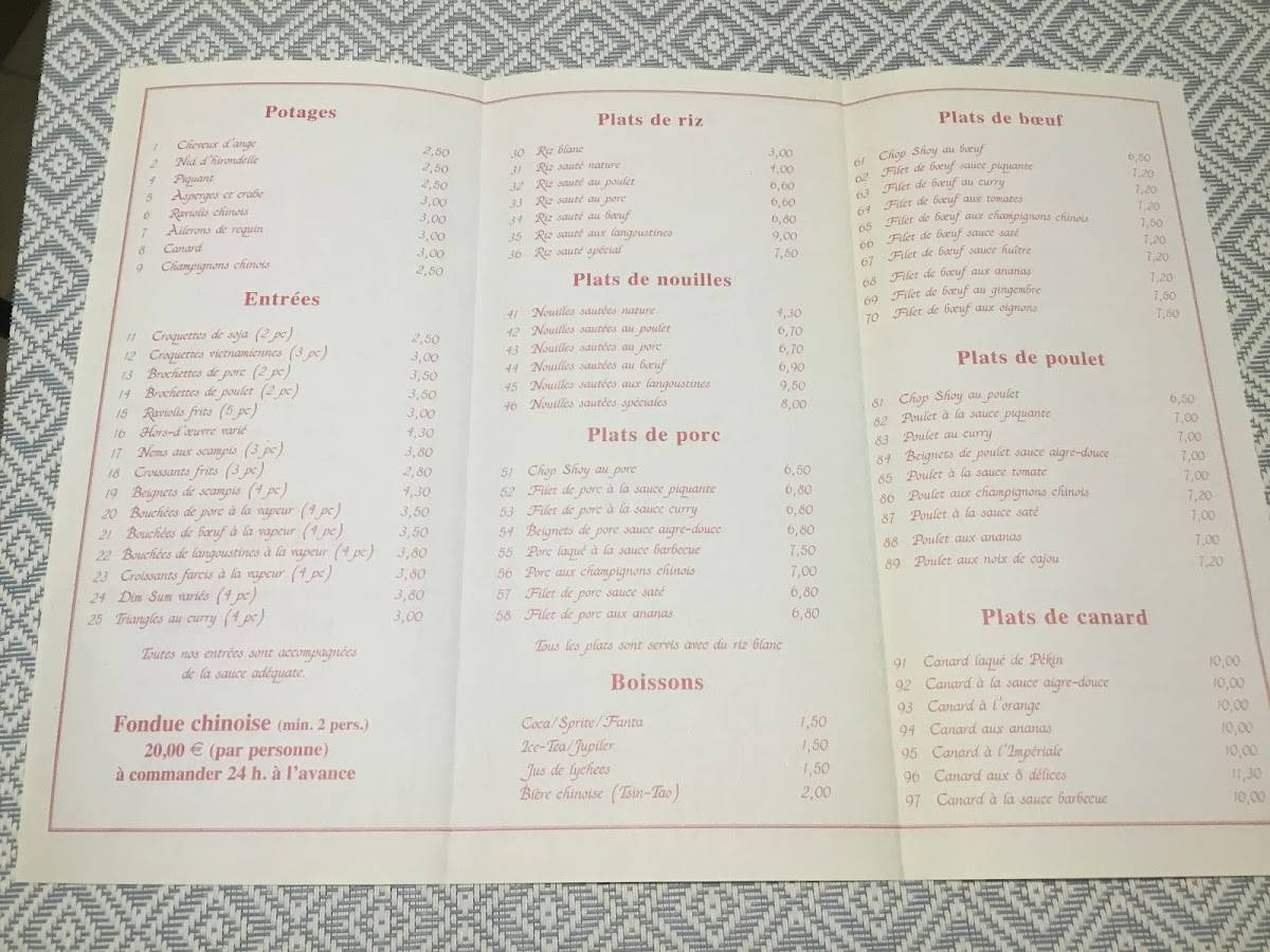 Menu at Shanghaï Express, Courcelles