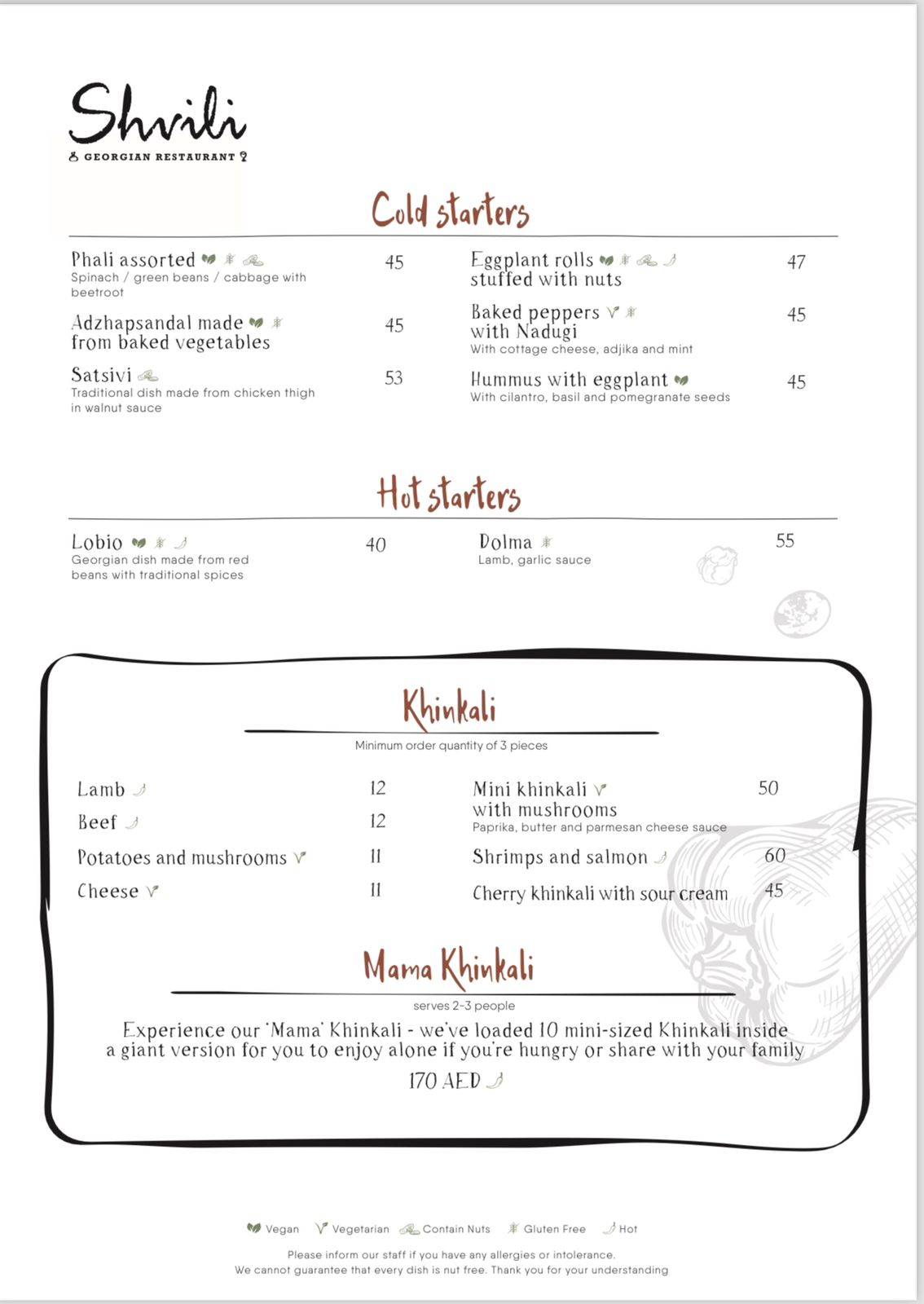 Menu at Shvili Nakheel Mall restaurant, Dubai