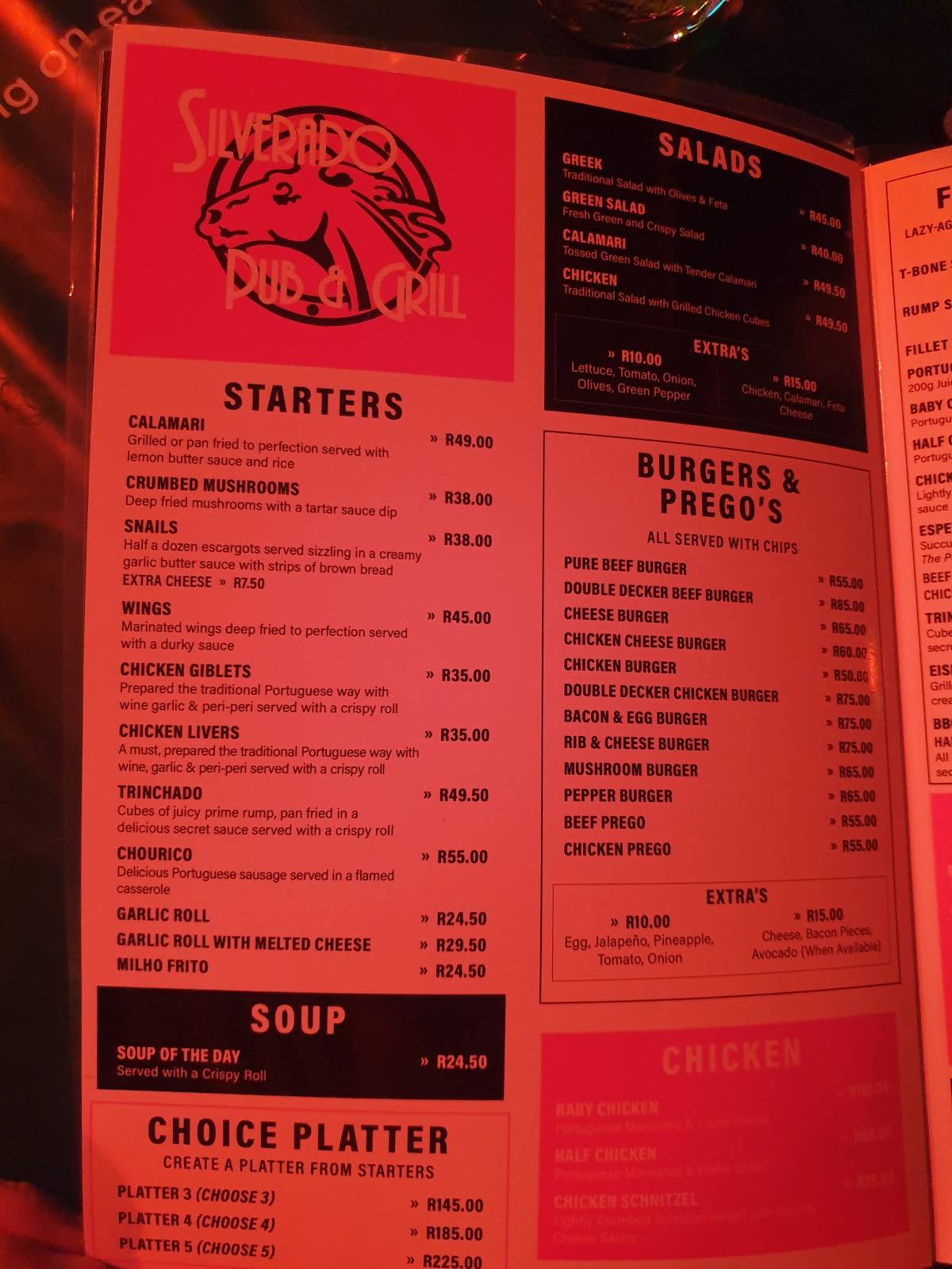 Menu at Silverado Pub & Grill, Boksburg