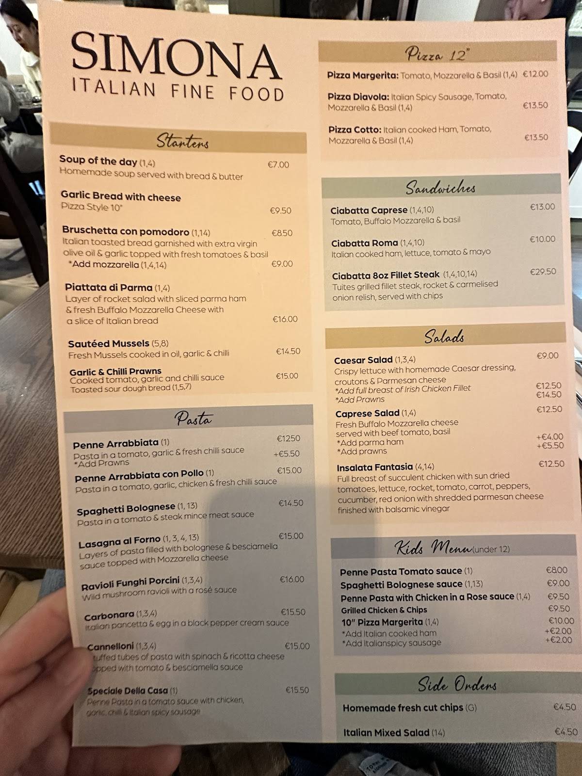 Menu at Simona Italian Fine Foods restaurant, Drogheda