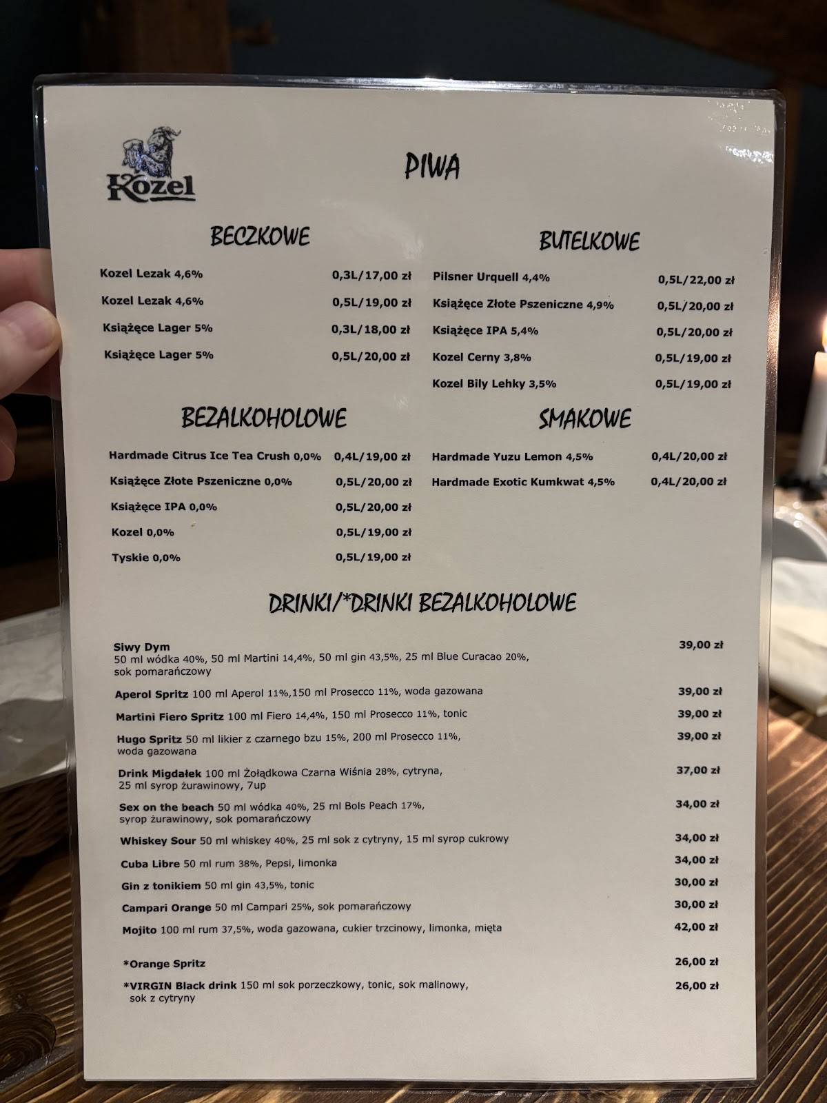 Menu at Siwy Dym restaurant, Warsaw