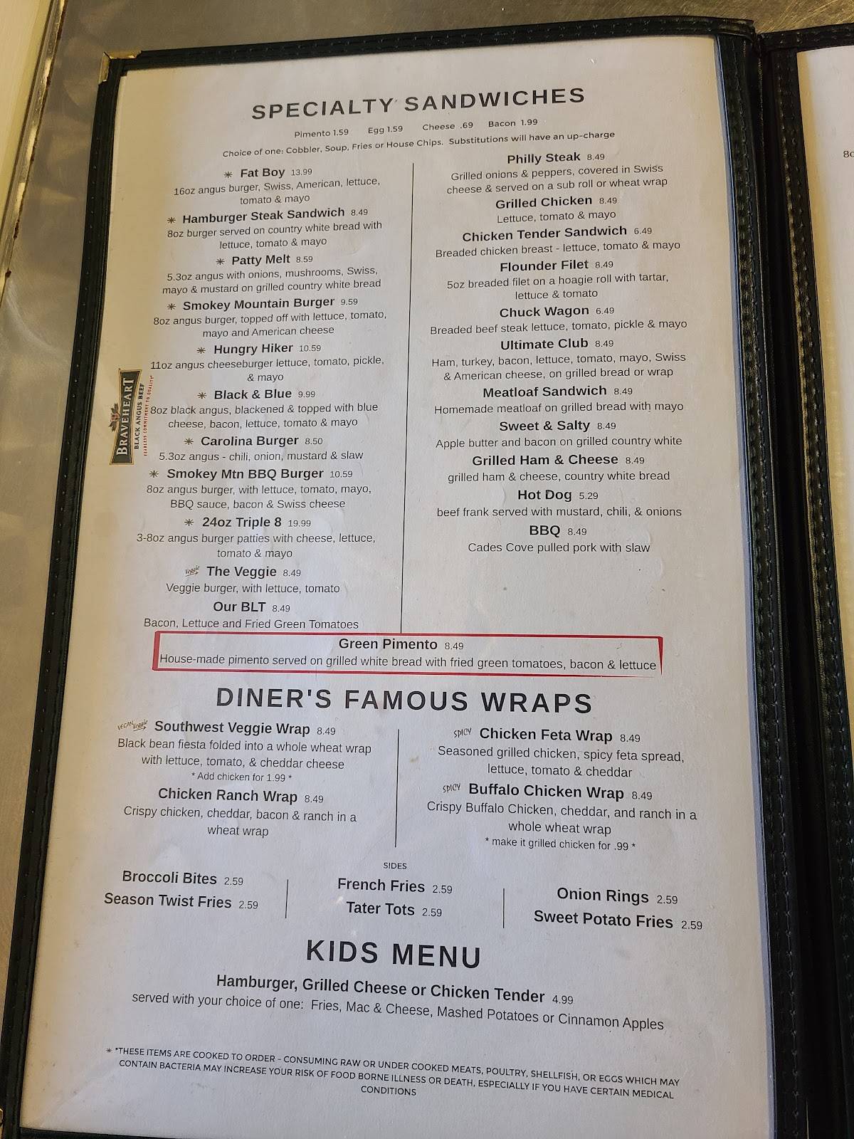 Menu at Smoky Mountain Diner restaurant, Hot Springs