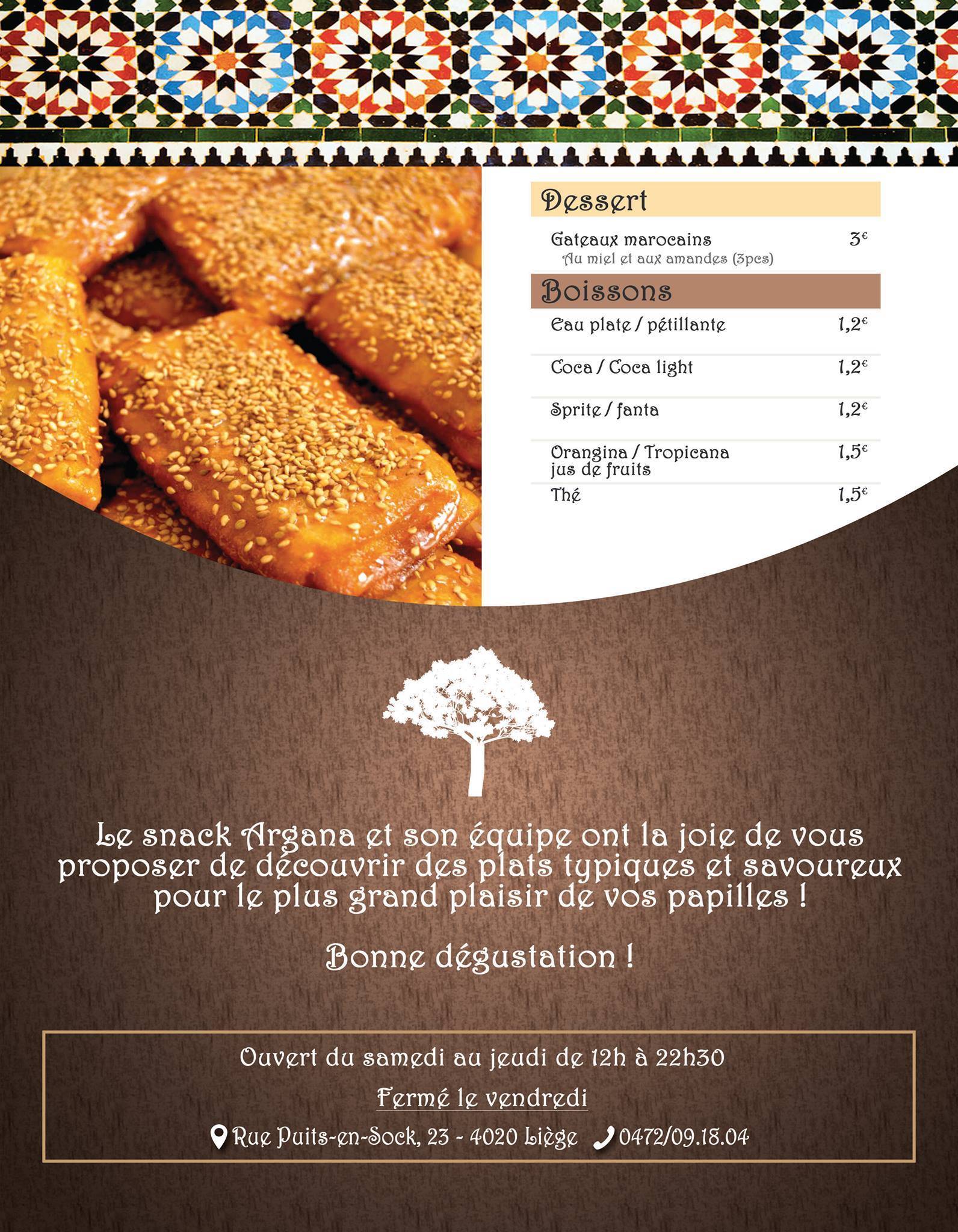 Menu au Snack Argana restaurant, Liège