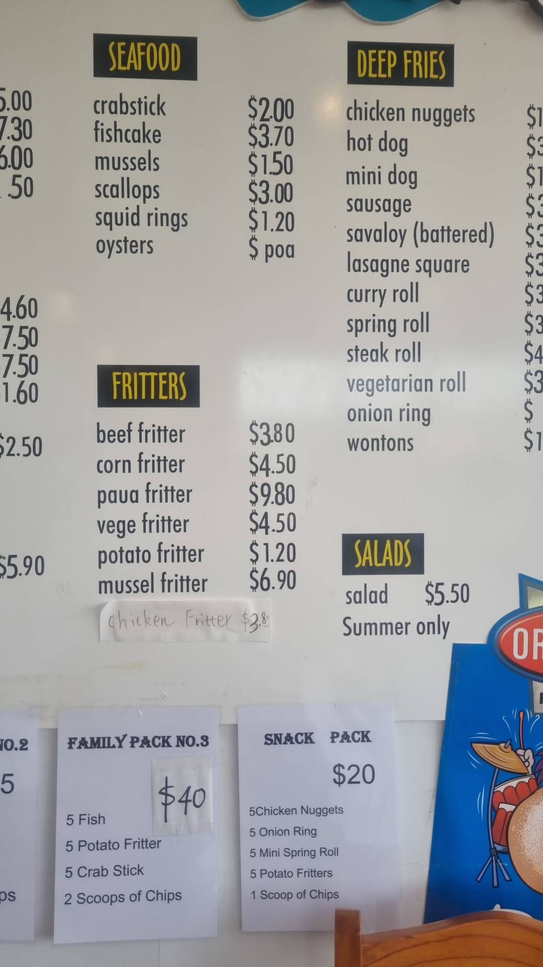 Menu at Snappers Fish and Chips restaurant, New Plymouth