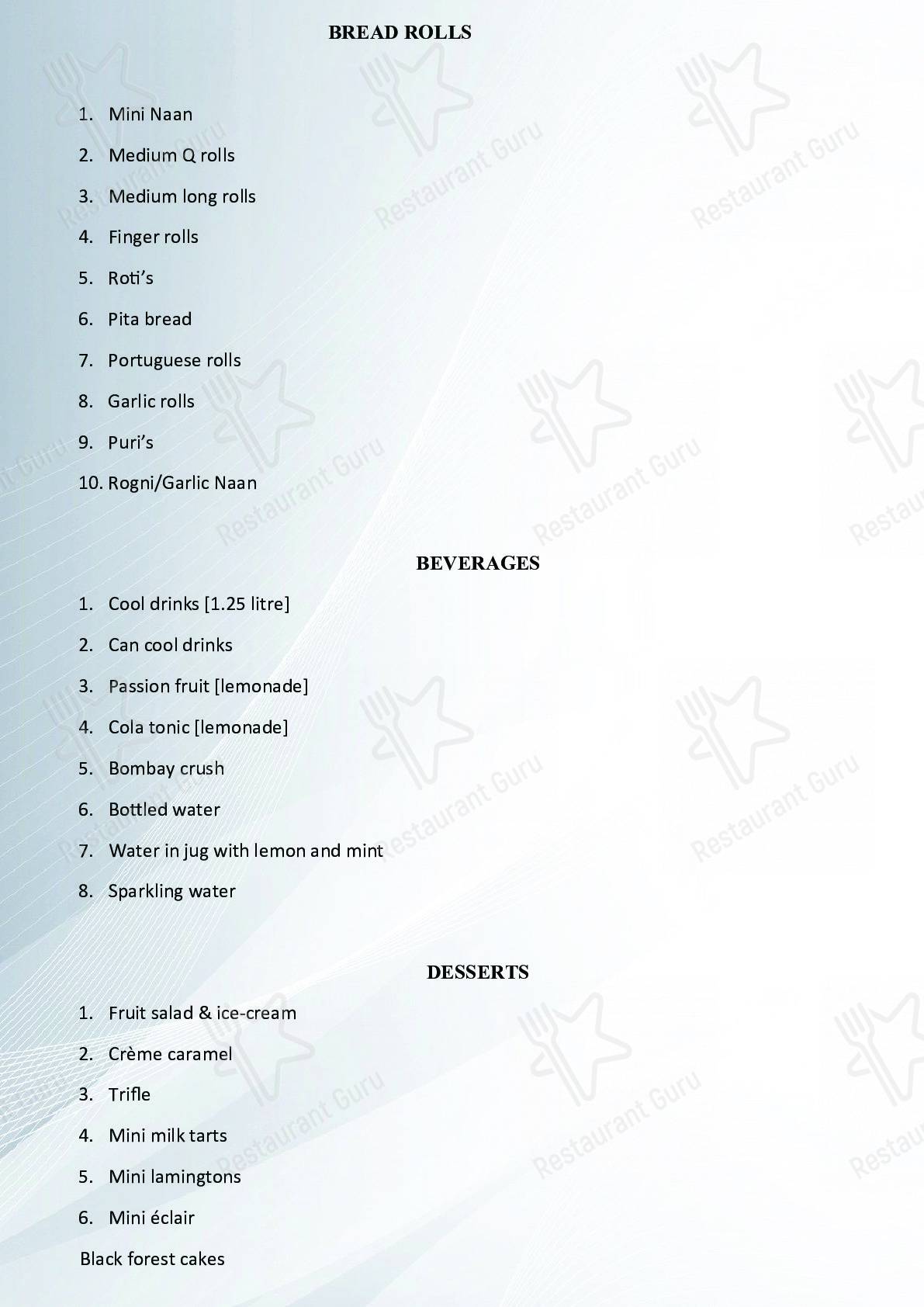 Menu at Solly Manjra, Durban