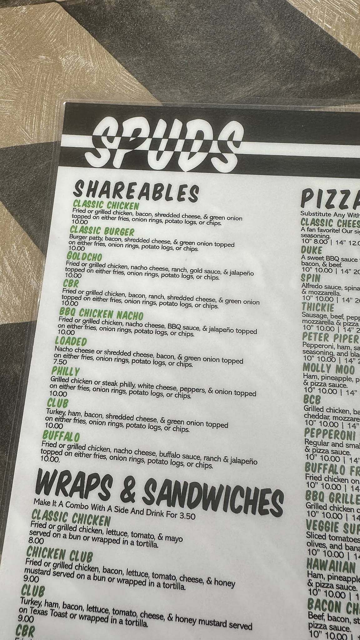 Menu at Spuds restaurant, Pontotoc