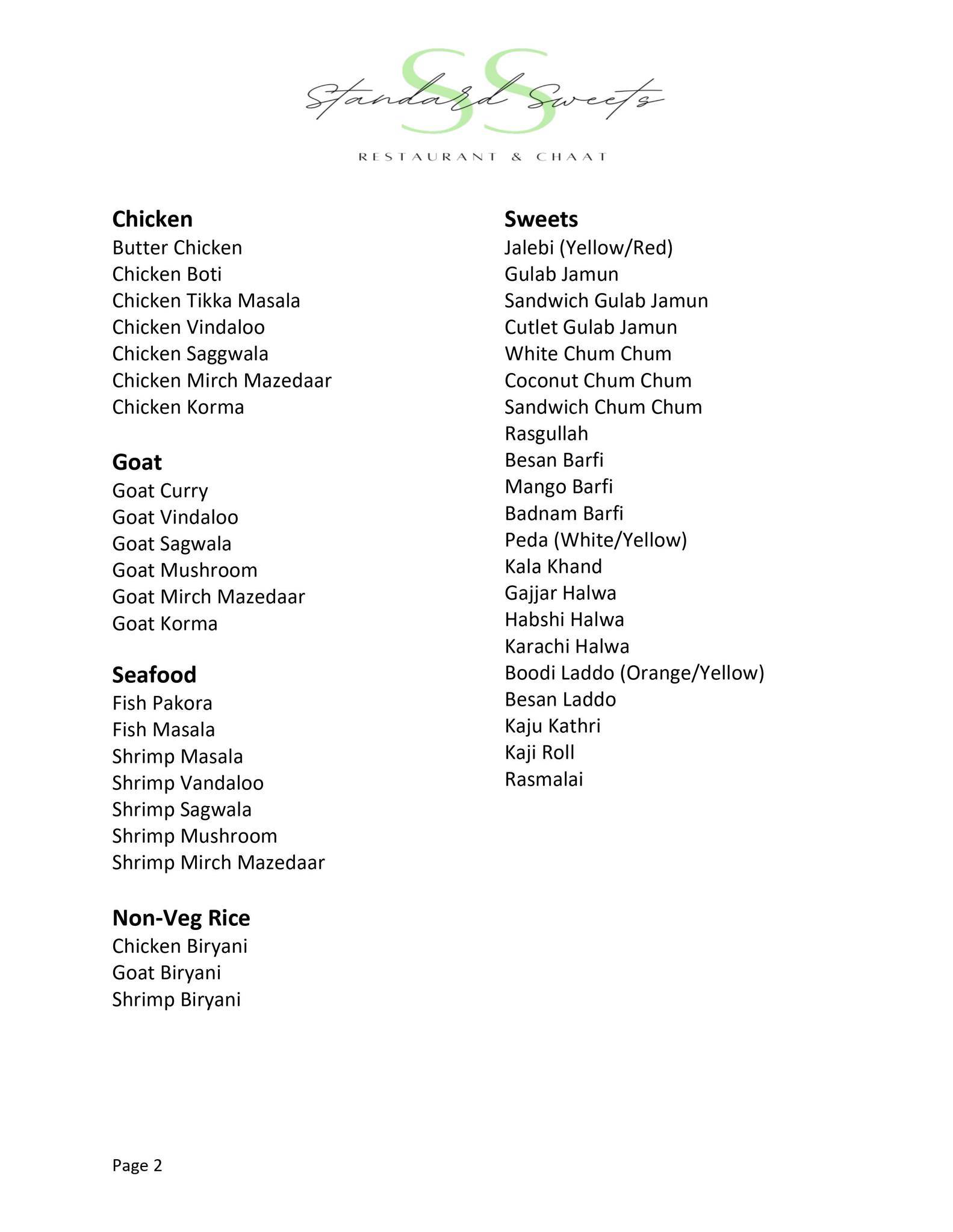 Menu at Standard Sweets restaurant, Sugar Land