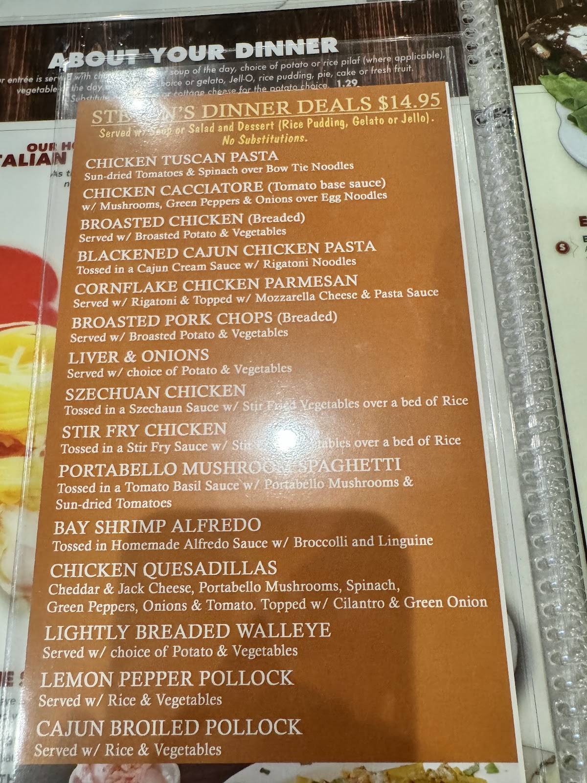 Menu at Steven's Restaurant, Woodridge