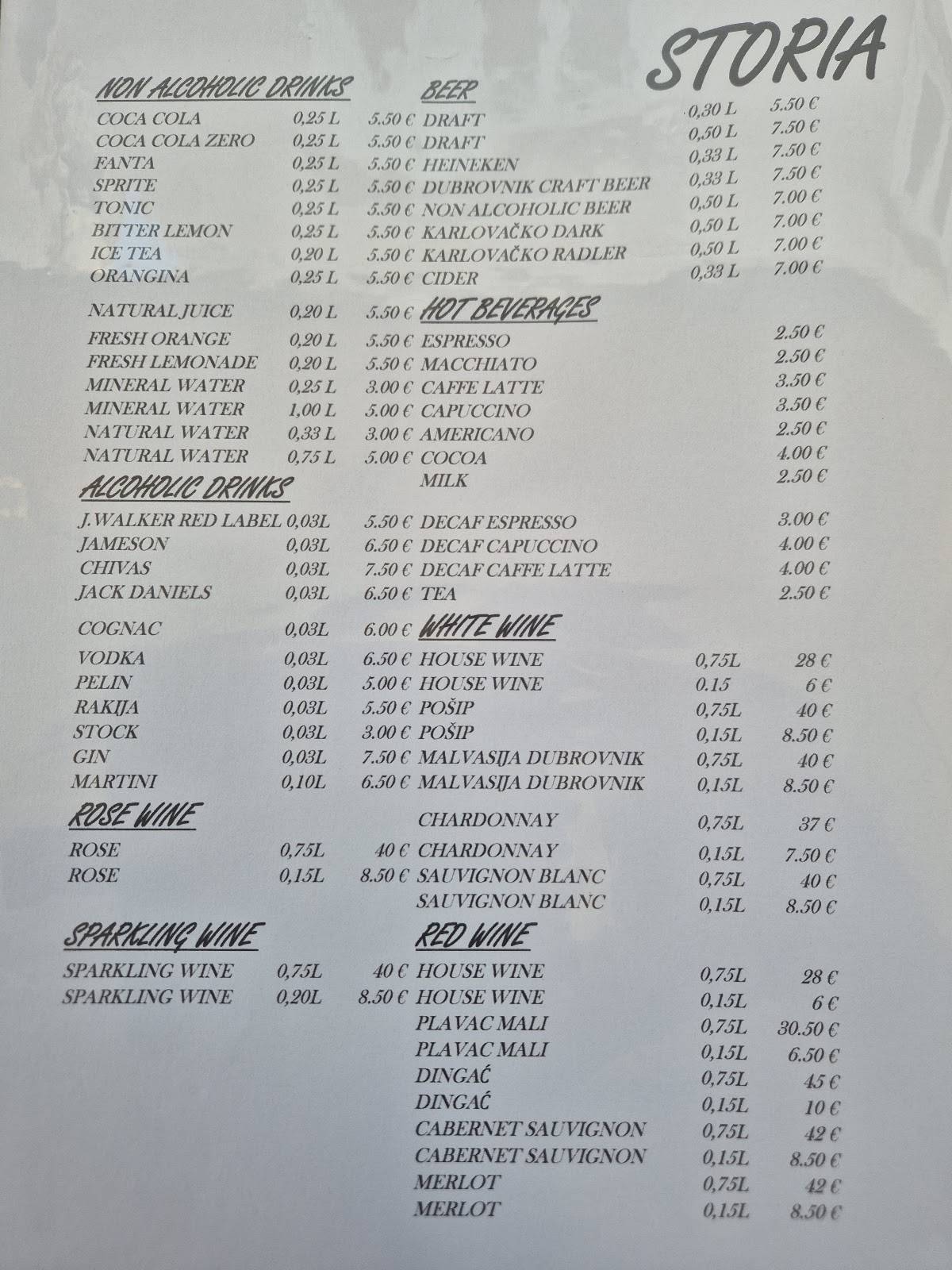 Menu at Restaurant Trattoria Storia, Dubrovnik