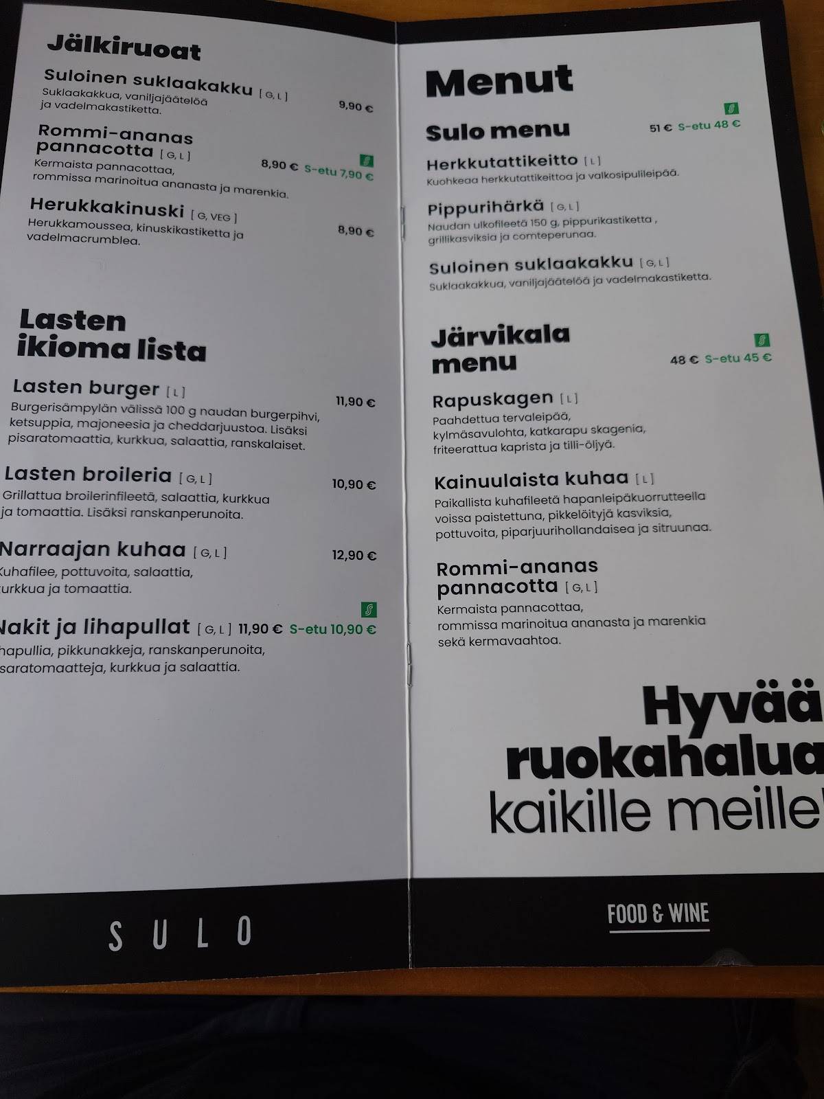 Menu at Restaurant Sulo, Kajaani