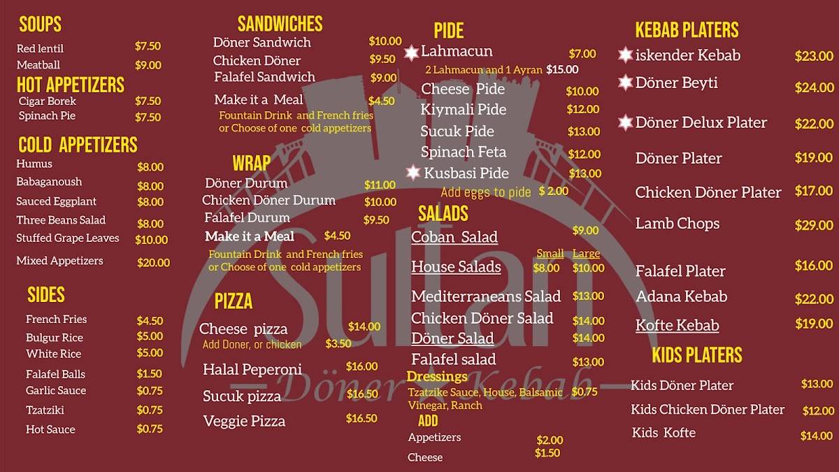 Menu at Sultan Döner Kebab restaurant, Pittsburgh