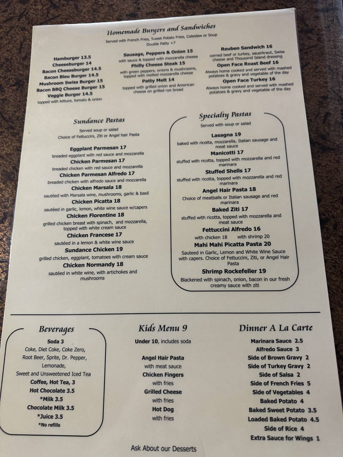 Menu at Sundance Grill restaurant, Hiawassee