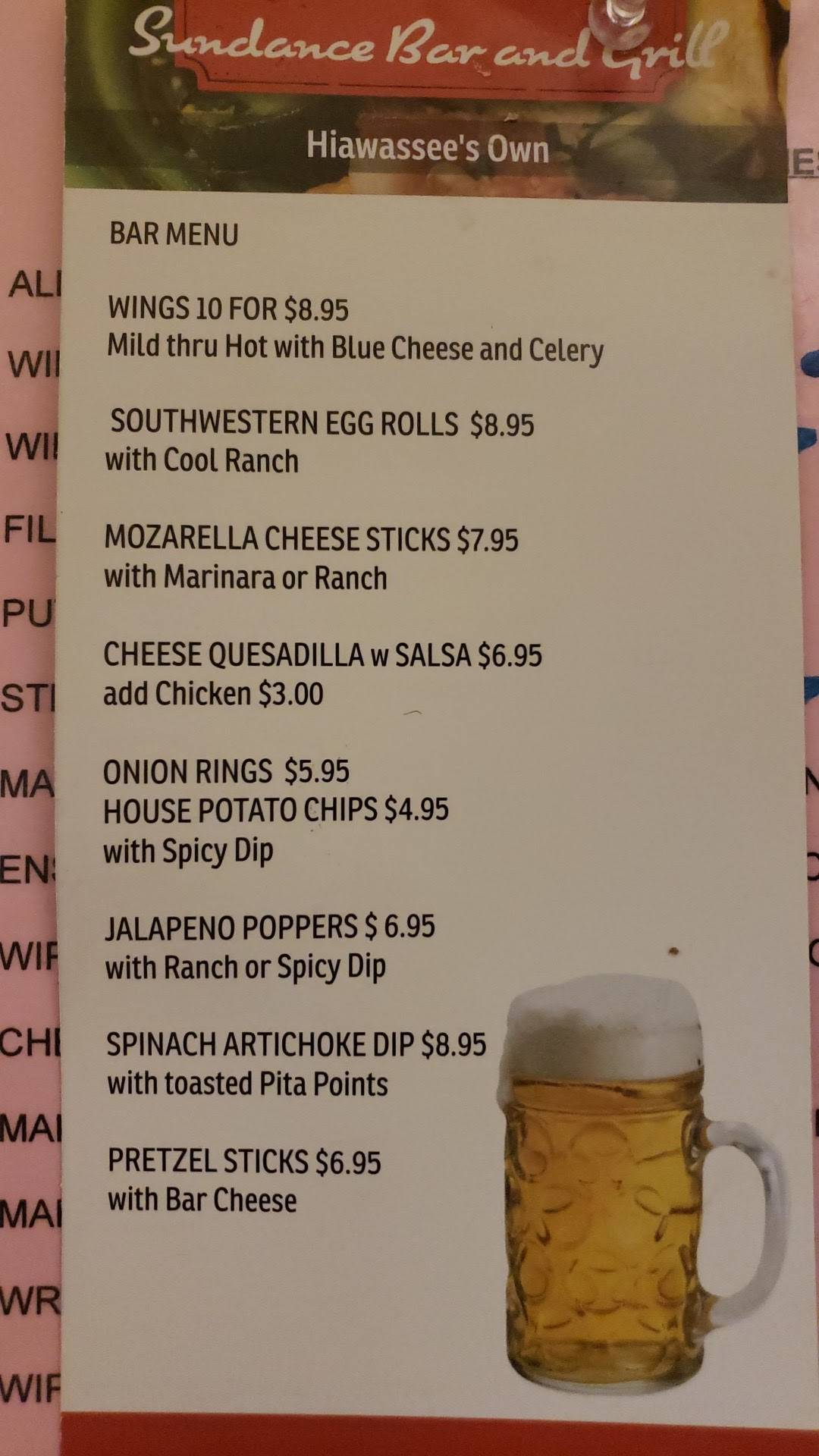 Menu at Sundance Grill restaurant, Hiawassee