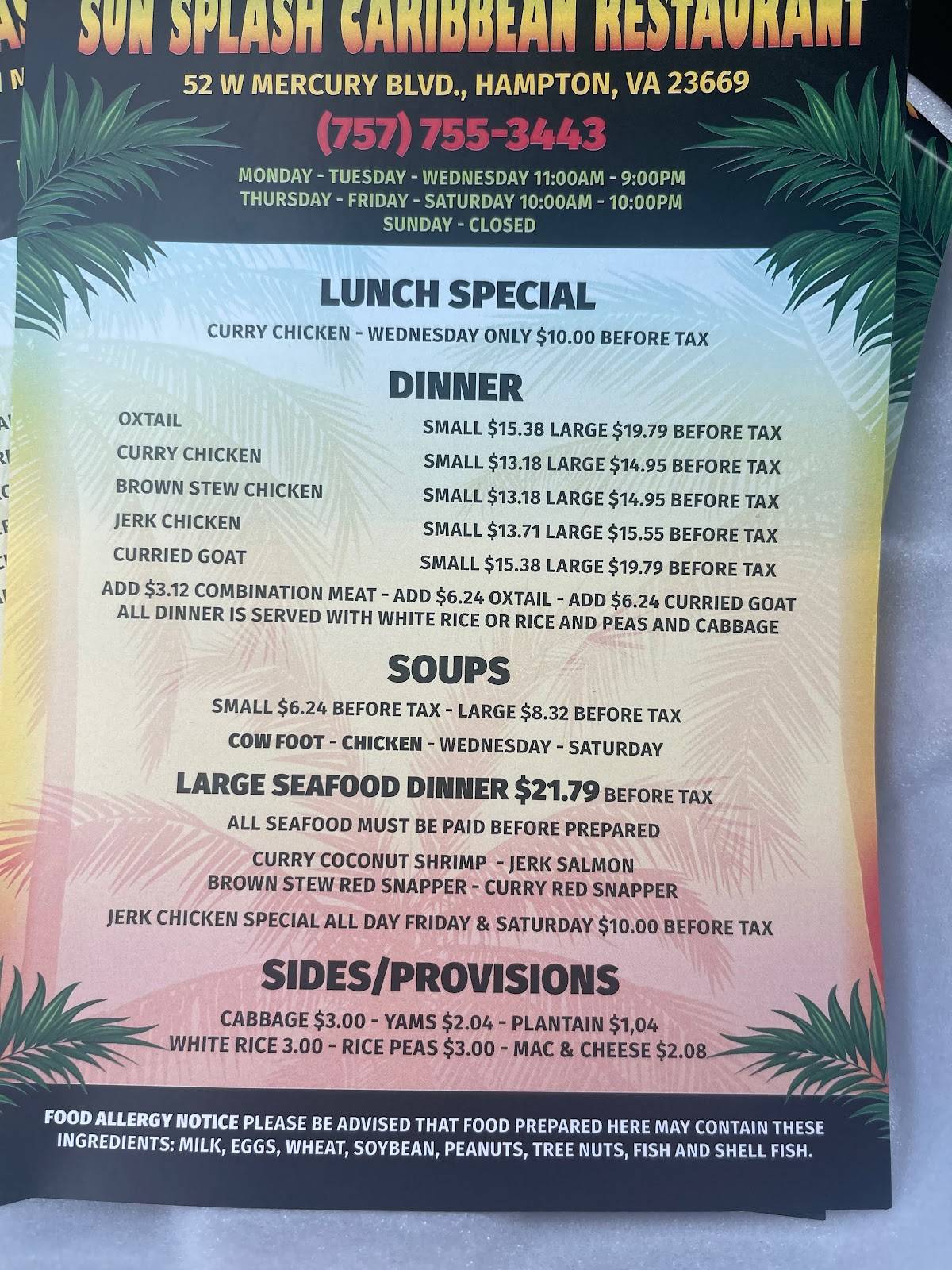 Menu at Sunsplash Caribbean restaurant LLC, Hampton