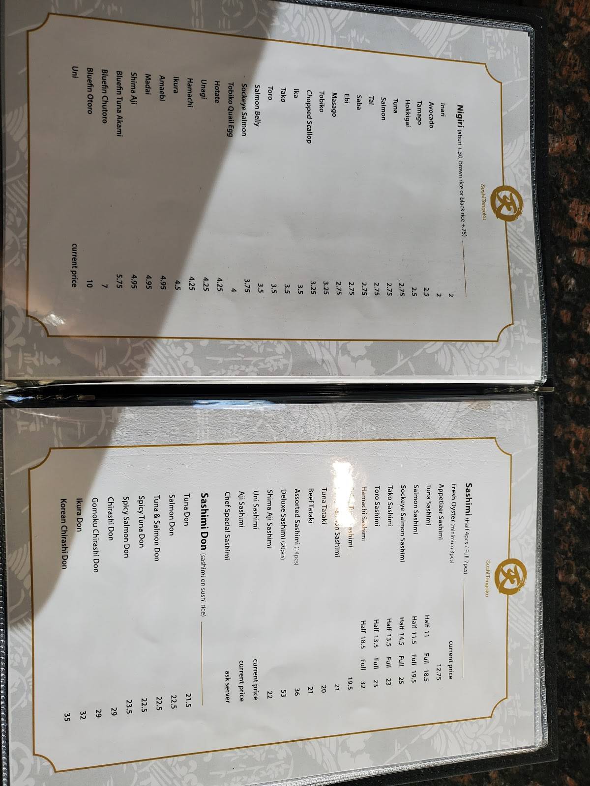 Menu at Sushi Tengoku restaurant, Surrey