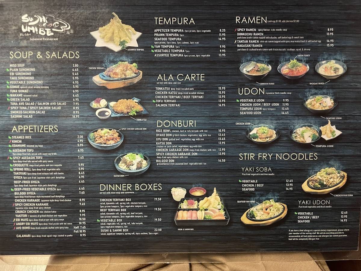 Menu at Sushi Umibe restaurant, Maple Ridge, 207 St