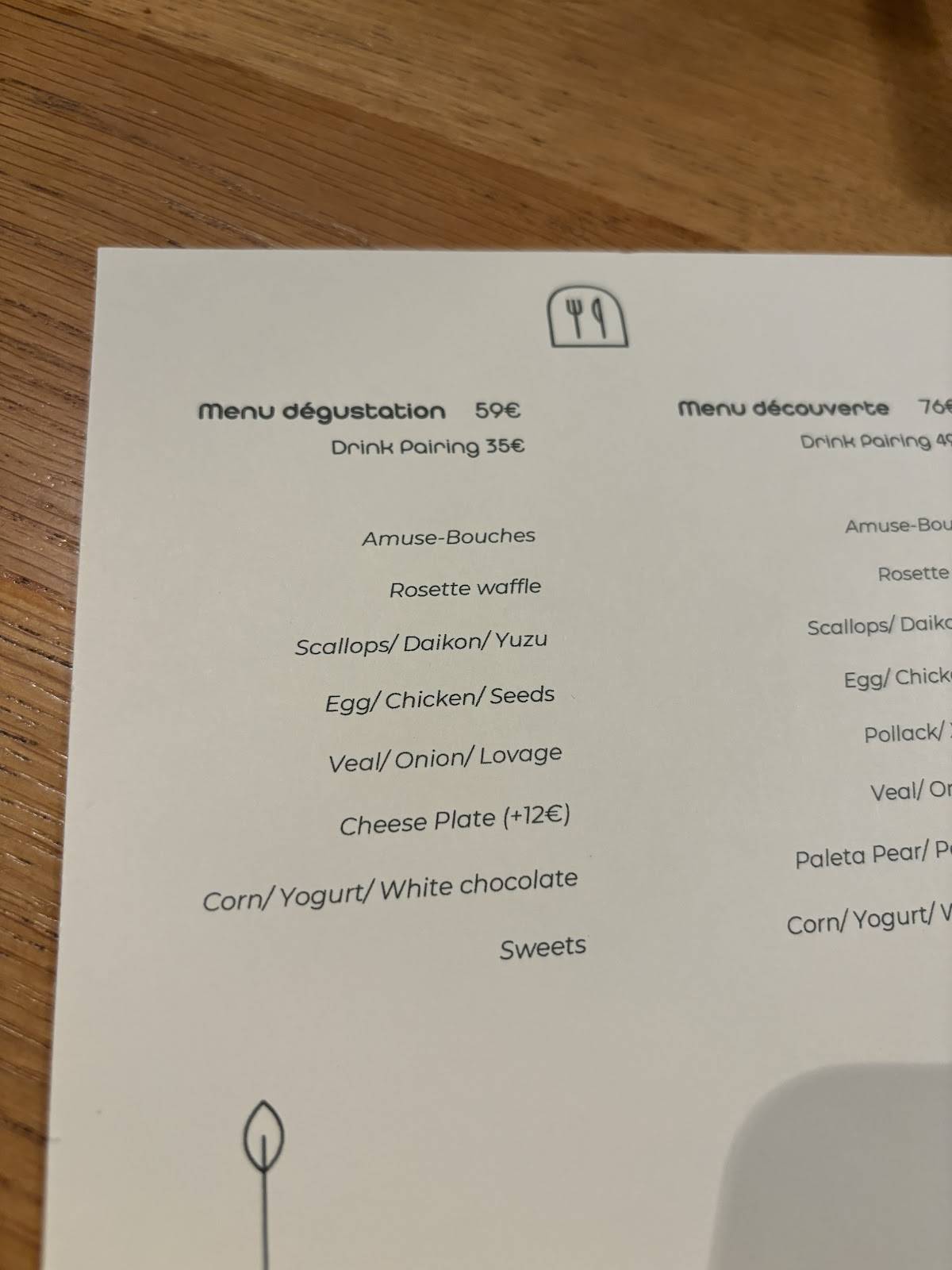 Menu au Restaurant Suzanne, Lille