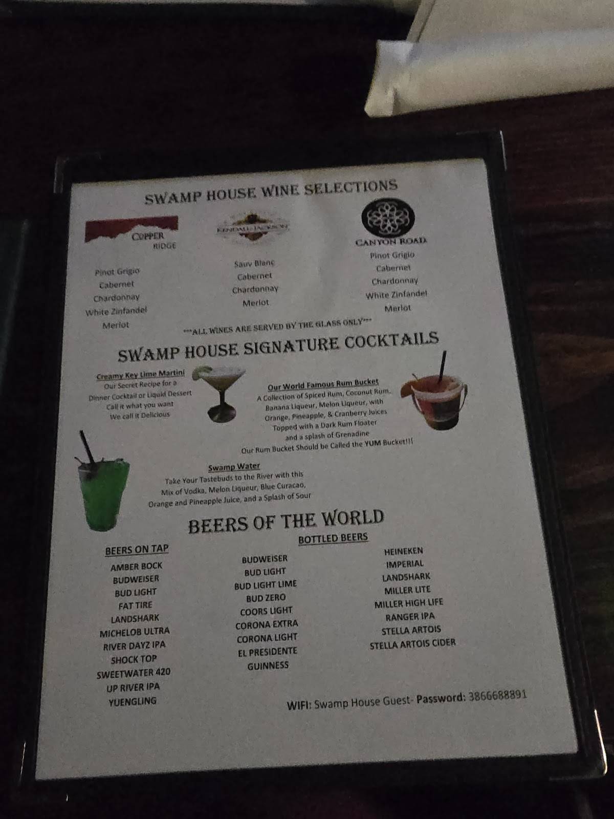 Menu at Swamp House Riverfront Grill restaurant, DeBary