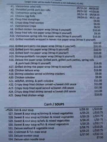 Menu at T.H. Dang Restaurant, Winnipeg