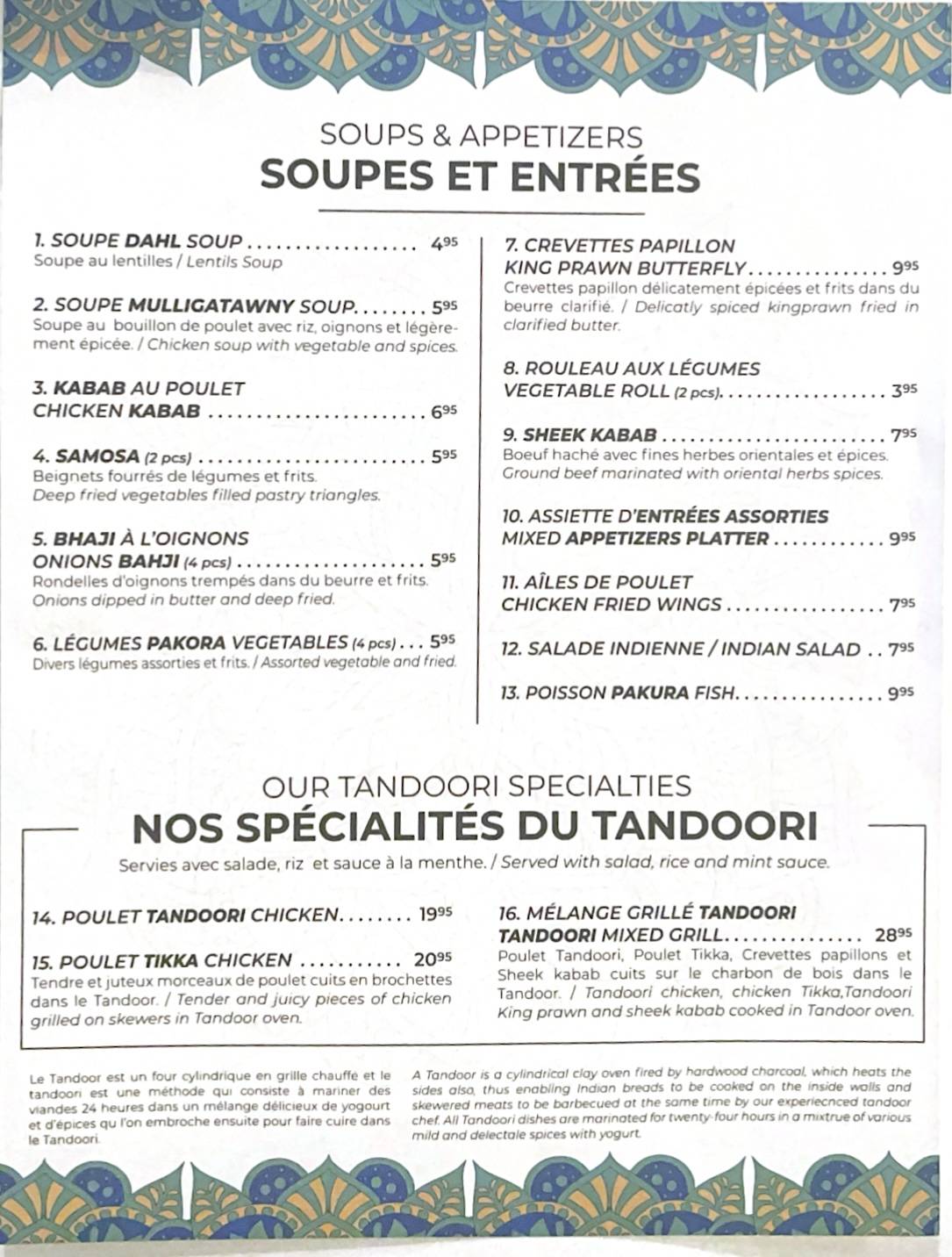 Menu at Tabla Village Indian Restaurant, Montréal