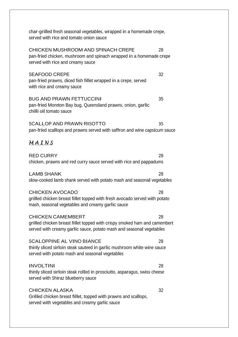 Menu at Table 51 restaurant, South Townsville