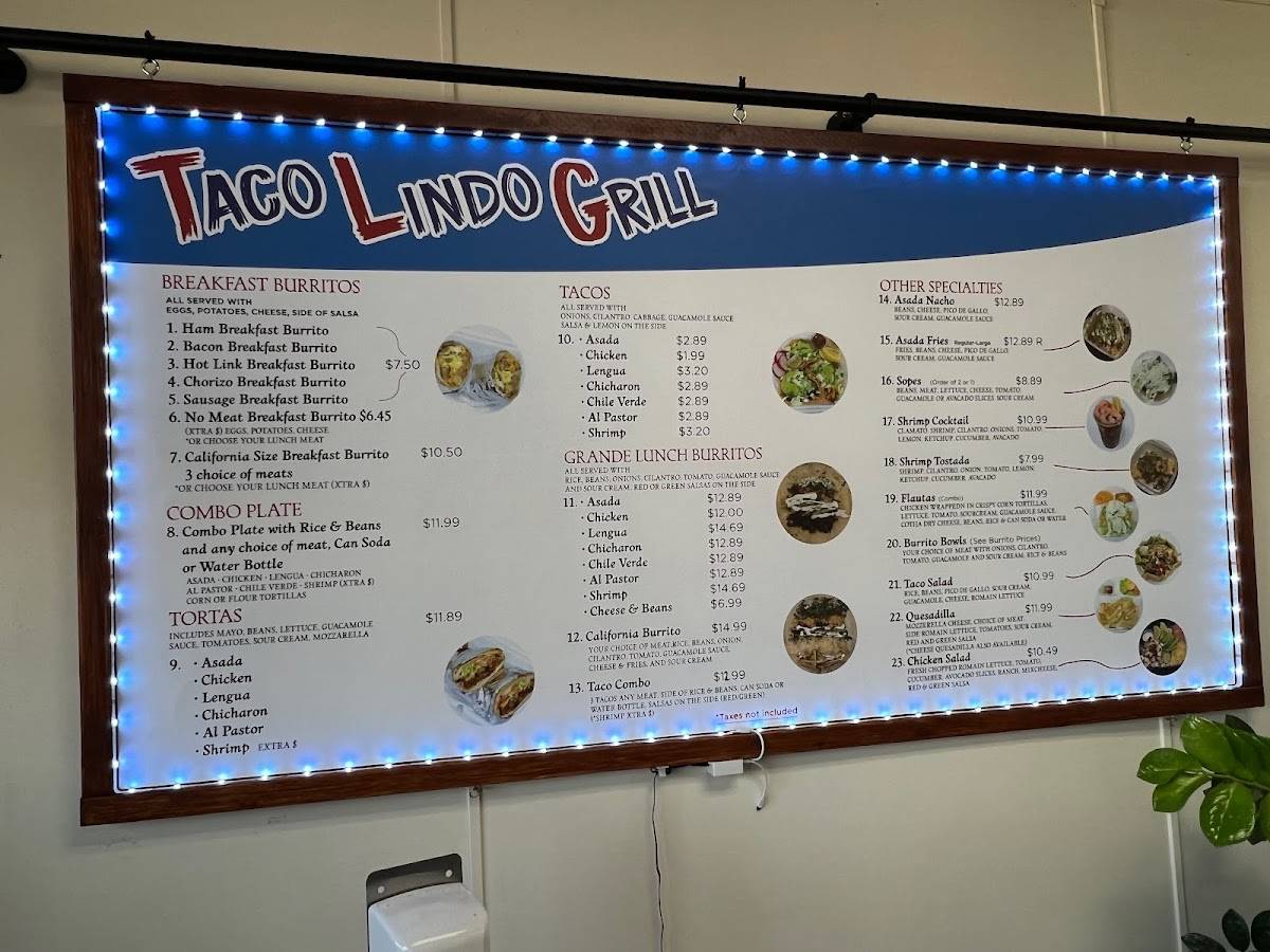 Menu at Taco Lindo Grill restaurant, Fresno