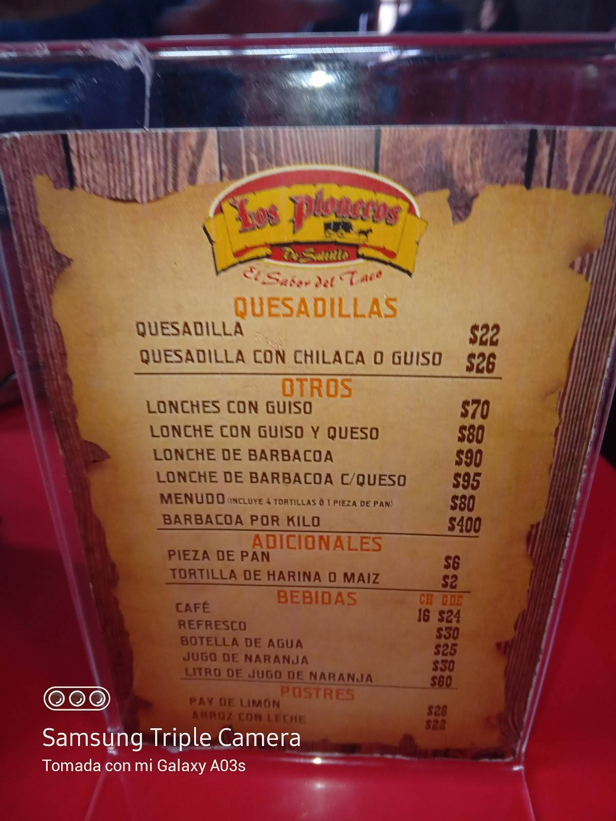 Carta del restaurante Tacos Los Pioneros, Saltillo, Blvd. Moctezuma 2065