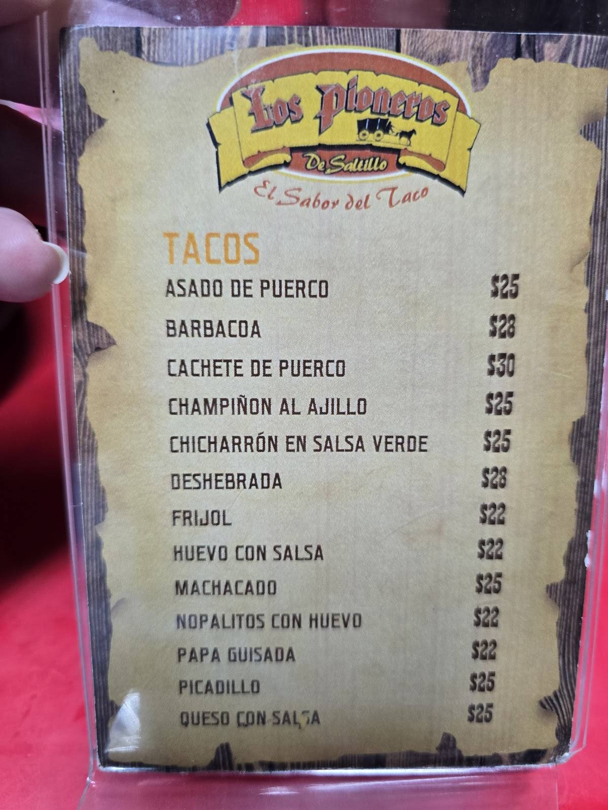 Carta del restaurante Tacos Los Pioneros, Saltillo, Blvd. Moctezuma 2065