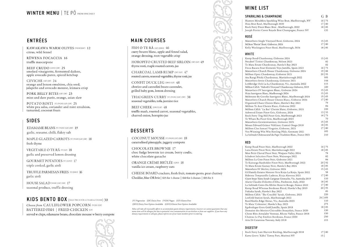 Menu at Tahu restaurant, Gisborne