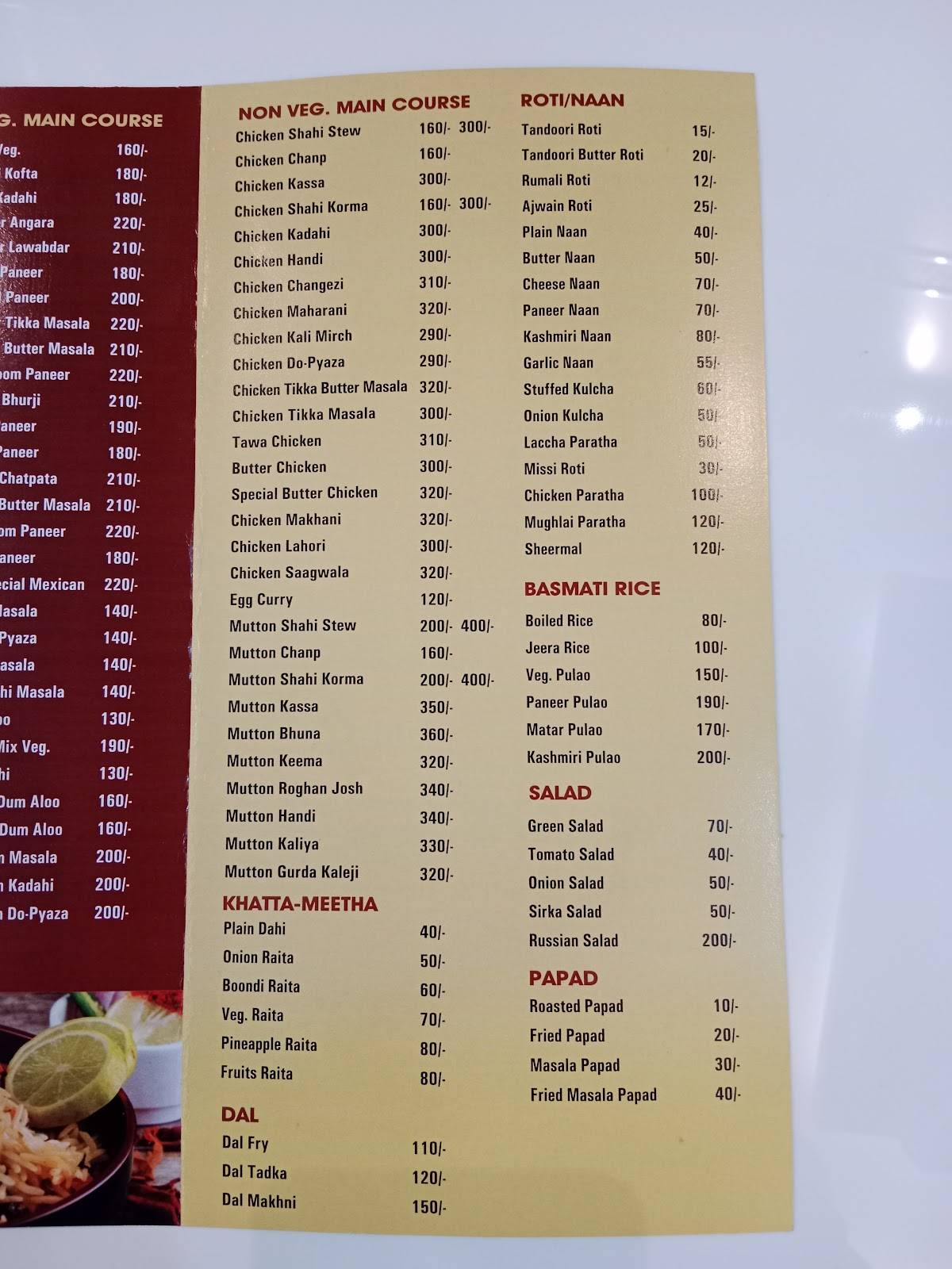 Menu at Tandoori Mahal, Katihar