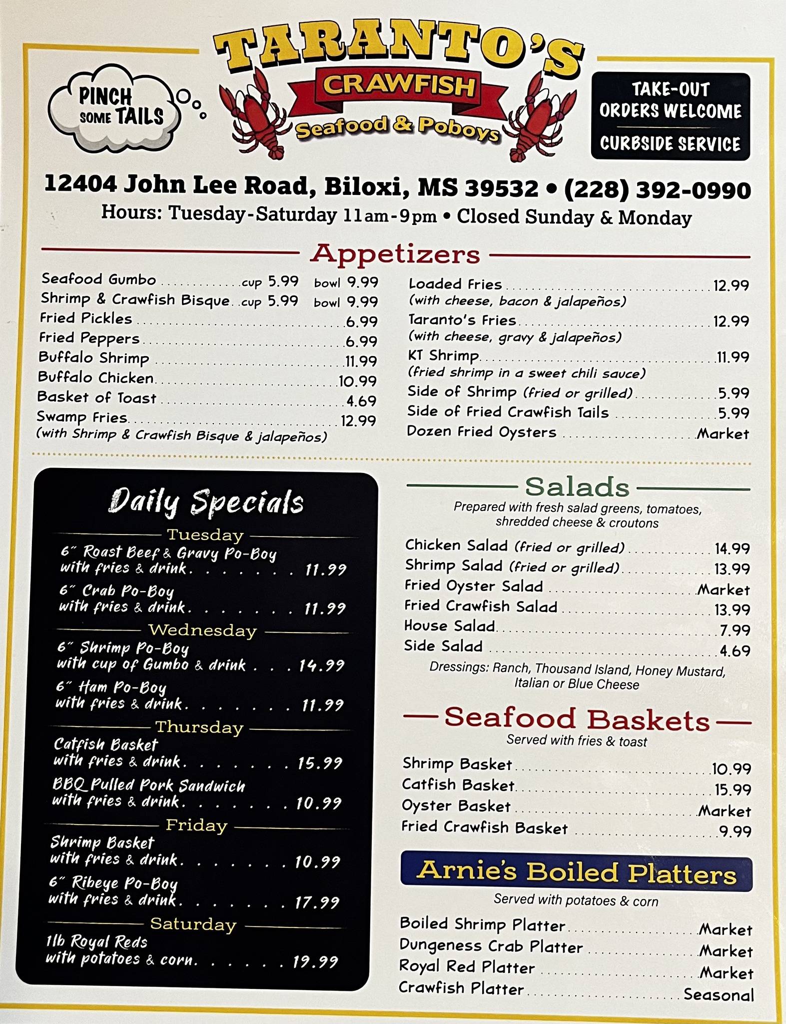 Menu at Taranto's Crawfish restaurant, Biloxi