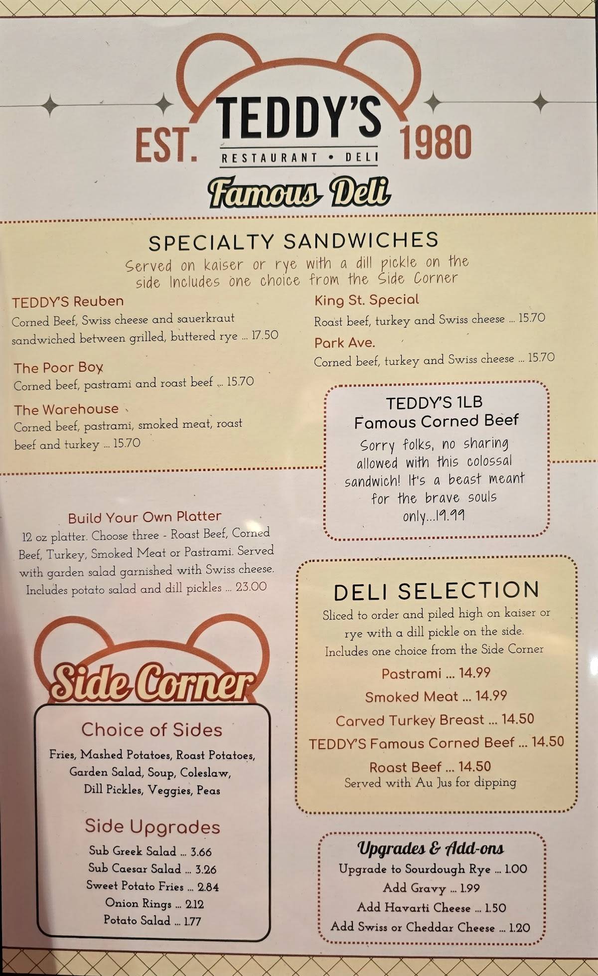 Menu at Teddy's Restaurant & Deli, Oshawa