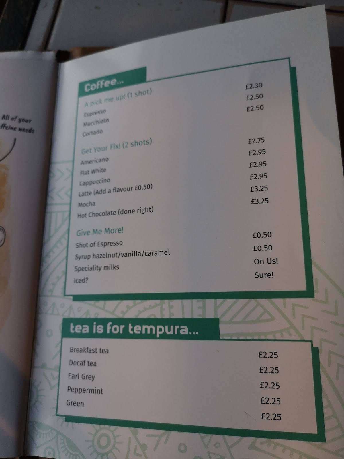 Menu at Tempura Troon restaurant, Troon