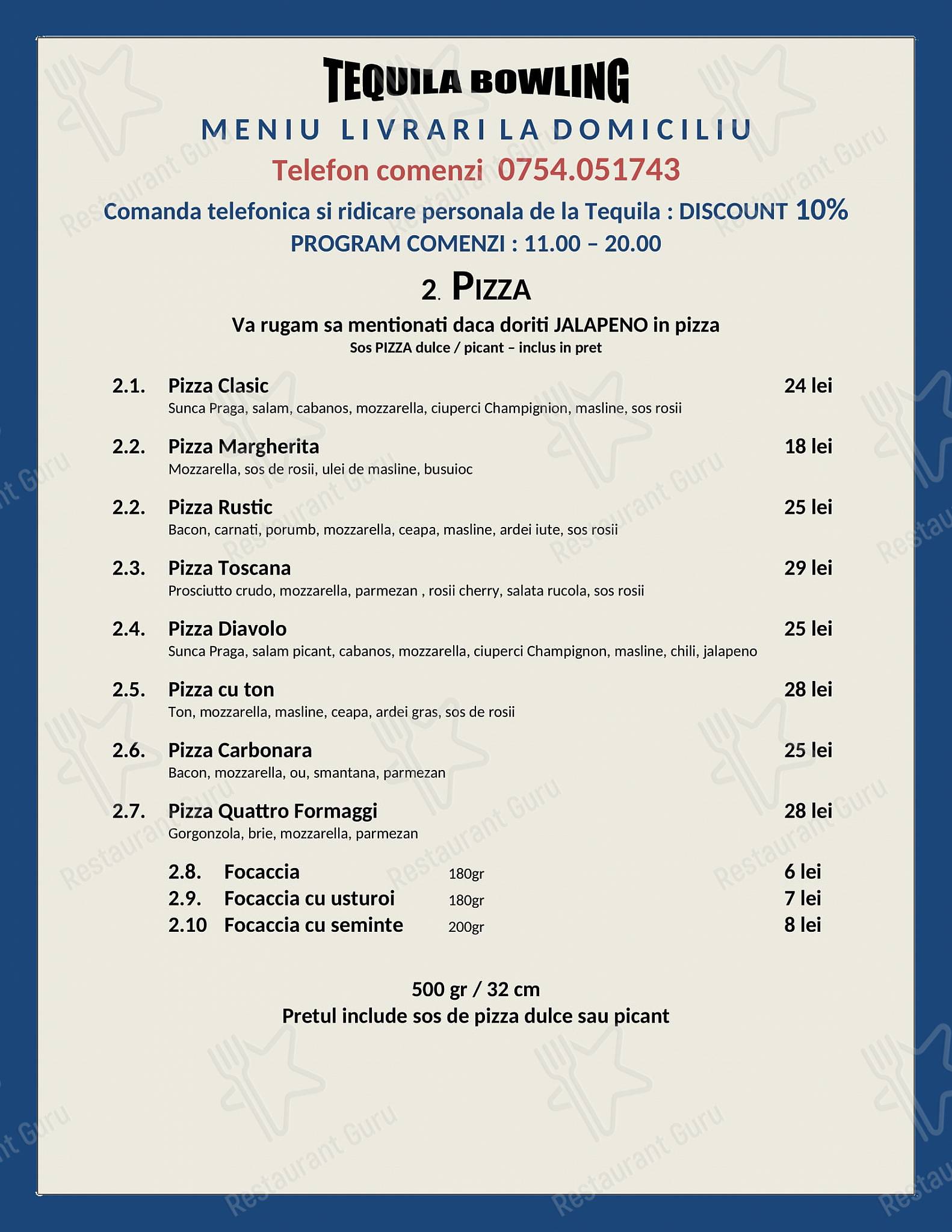 Menu at Tequila Bowling, Piatra Neamț