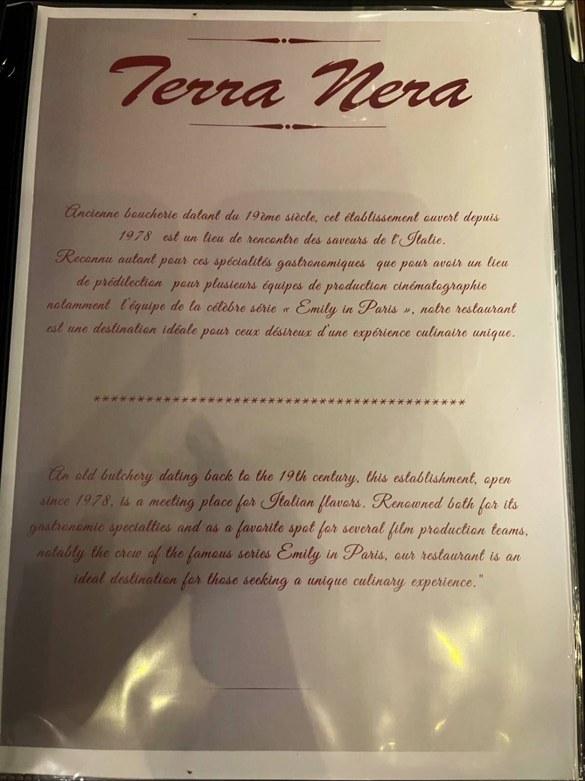Menu at Terra Nera restaurant, Paris