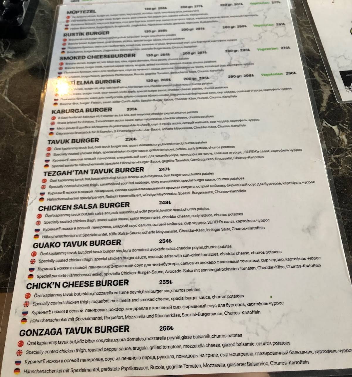 Menu at Tezgah Burger (The Land Of Legends), Turkey