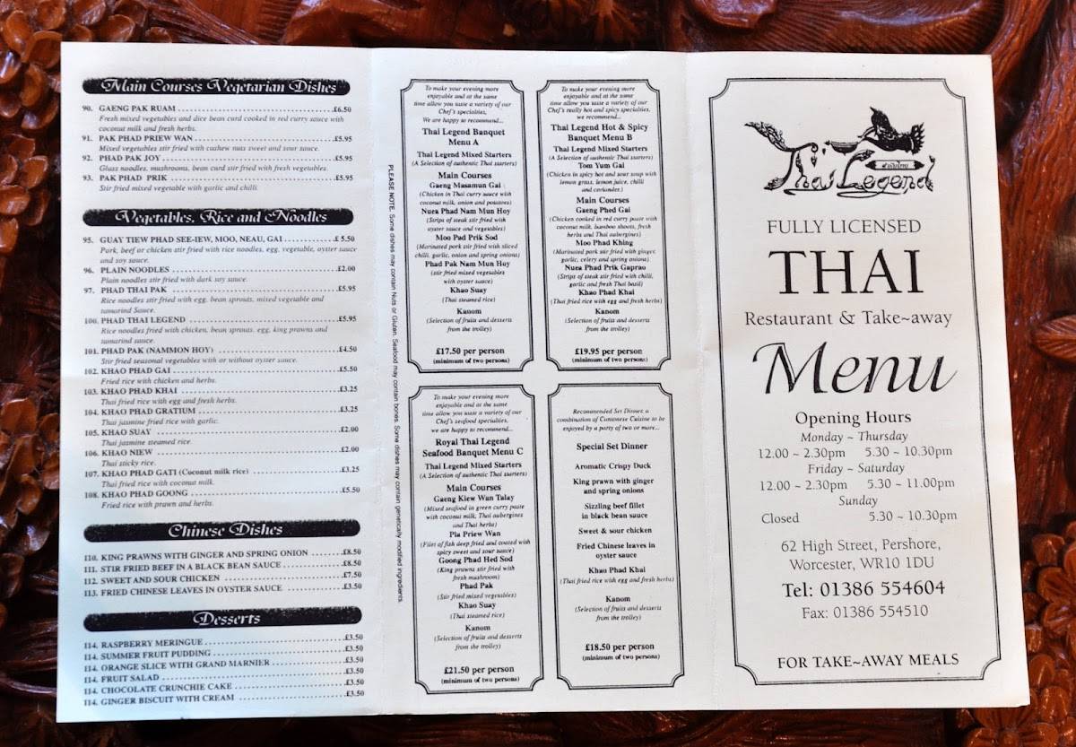 Menu at Thai Legend Restaurant, Pershore