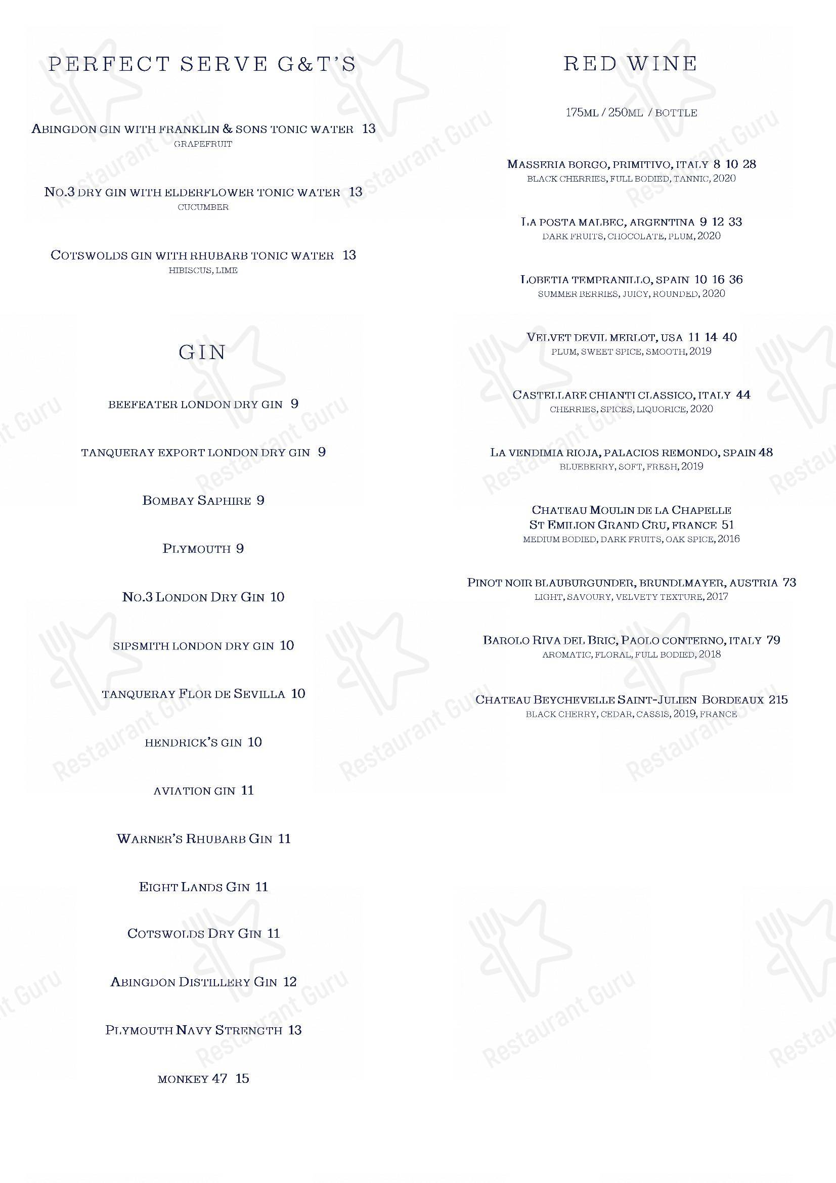 Menu at The Alice restaurant, Oxford