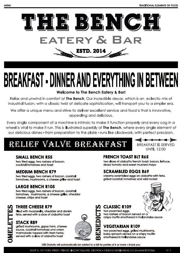 Menu at The Bench Eatery & Bar, George
