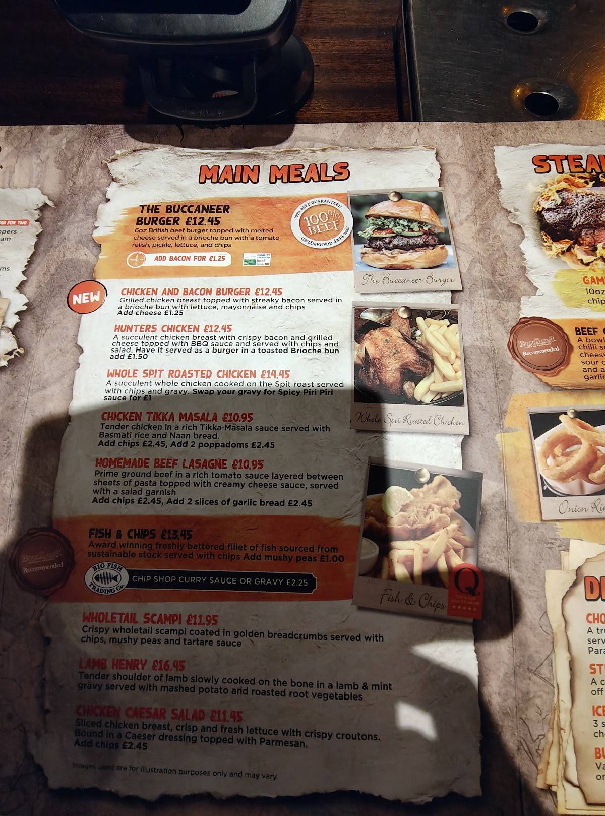 Menu at The Buccaneer restaurant, Blackpool