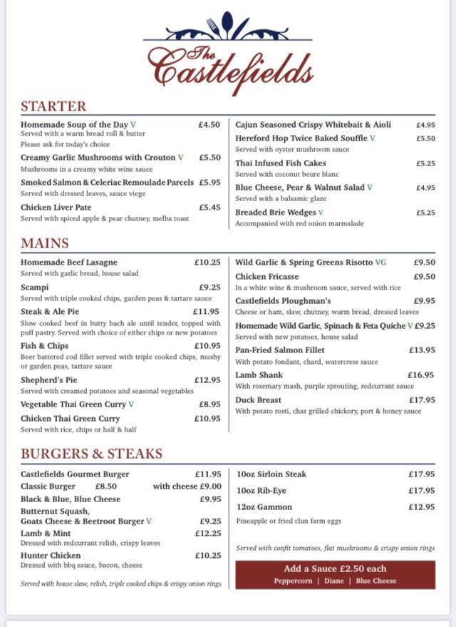 Menu at The Castlefields restaurant, Clifford, The Castlefields