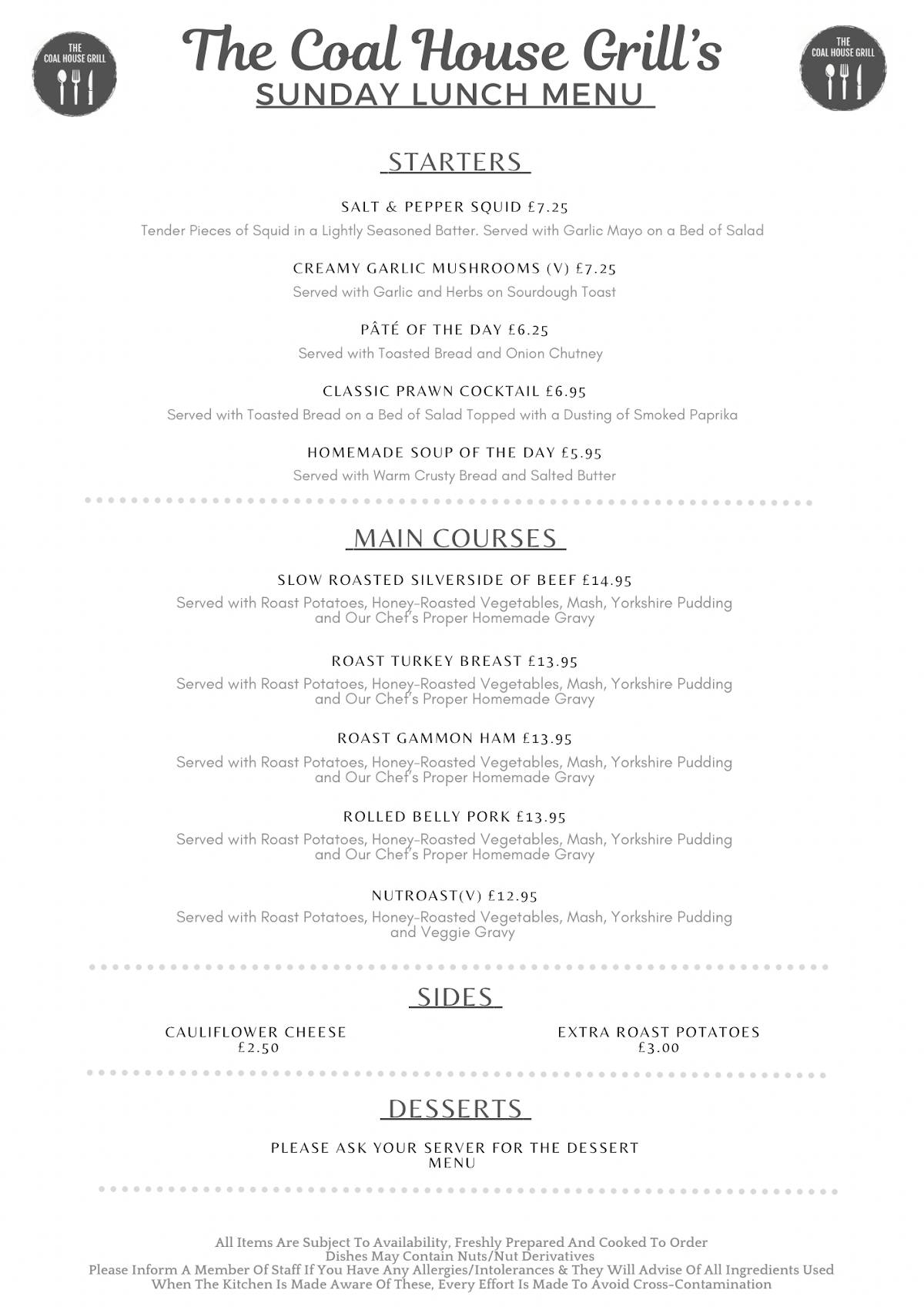Menu at The Coal House Grill restaurant, Cross Hands