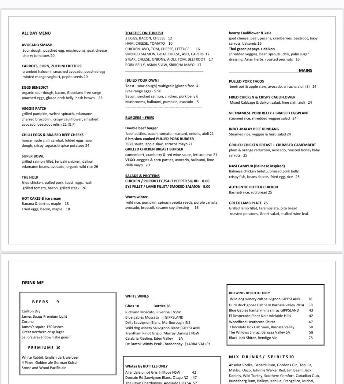 Menu at The Dark Horse restaurant, Traralgon