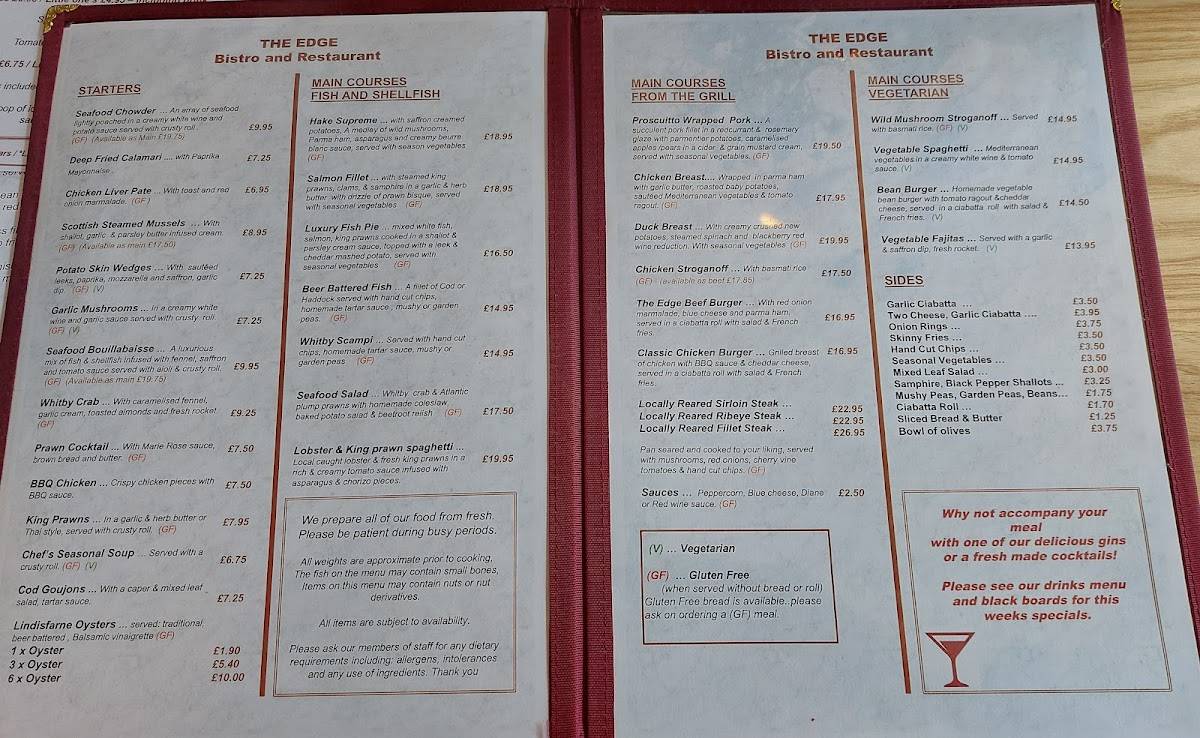 Menu at The Edge Restaurant, Whitby
