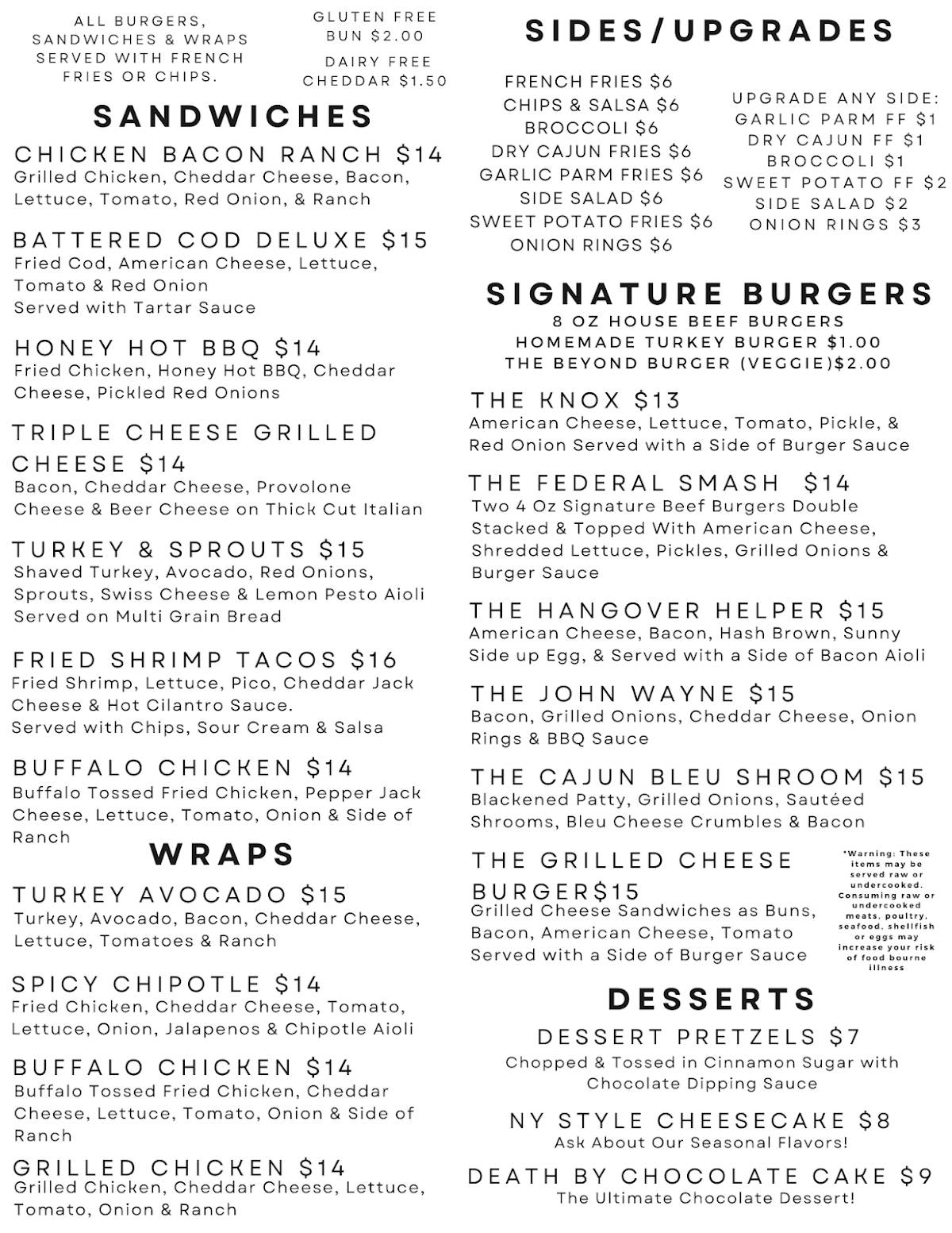 Menu at The Federal restaurant, Youngstown