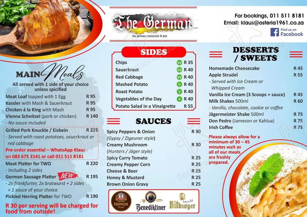 Menu at The German Restaurant & Pub, Chartwell