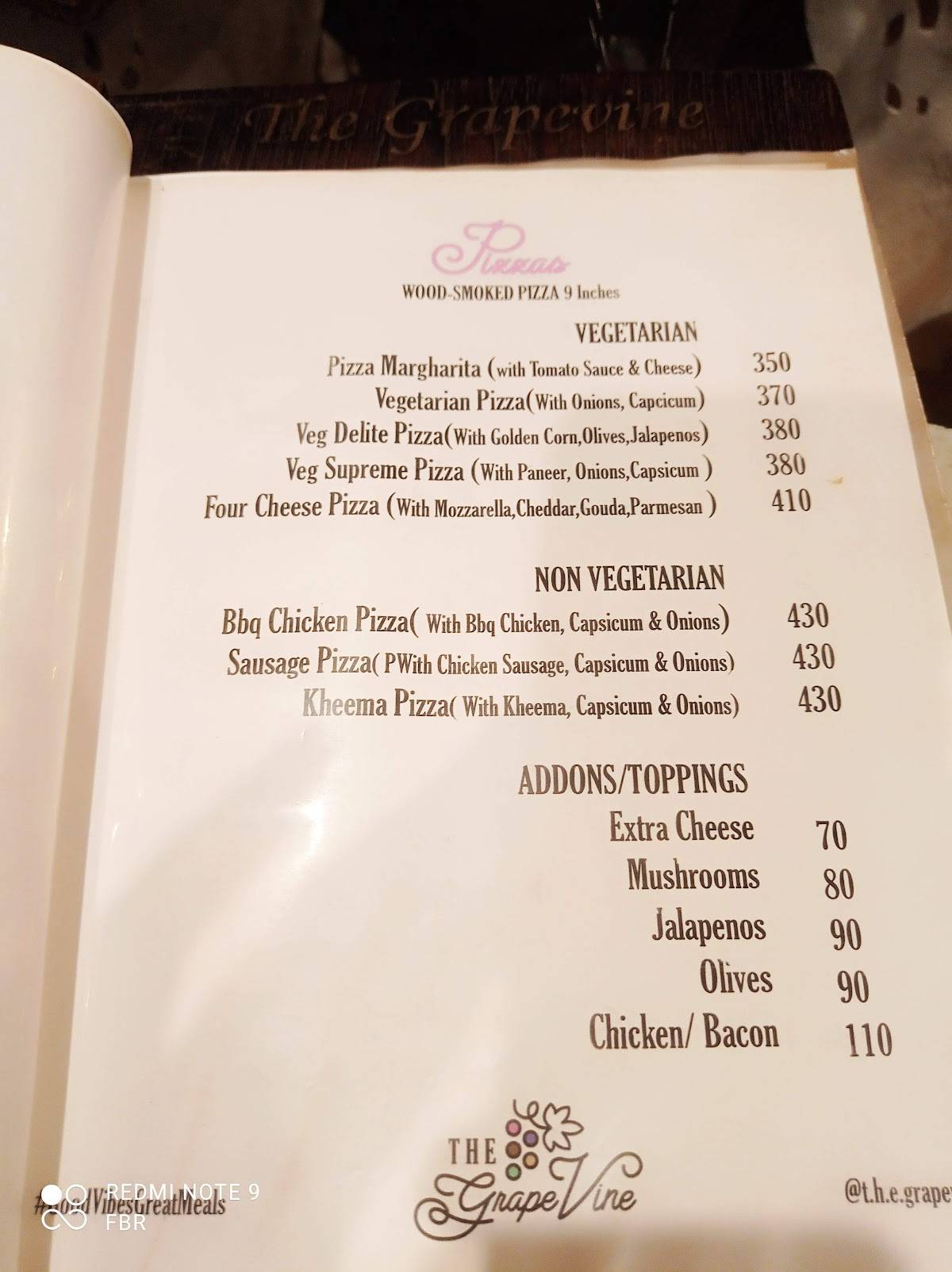 Menu at The Grapevine Restaurant, Mahabaleshwar